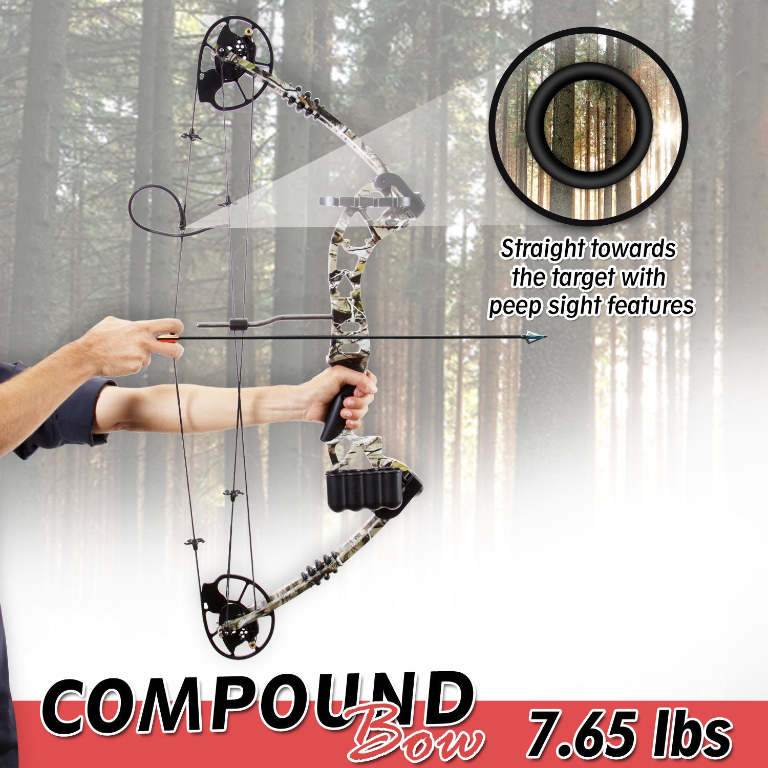 SereneLife Sharp Eye Camouflage Compound Bow-320 FPS Hunting Camo Archery Gear-Fiberglass Limb,Metal Riser,4 String Silencers,30-70lbs Adjustable Draw Weight,23.5β-30.5β Length SLCOMB10.5
