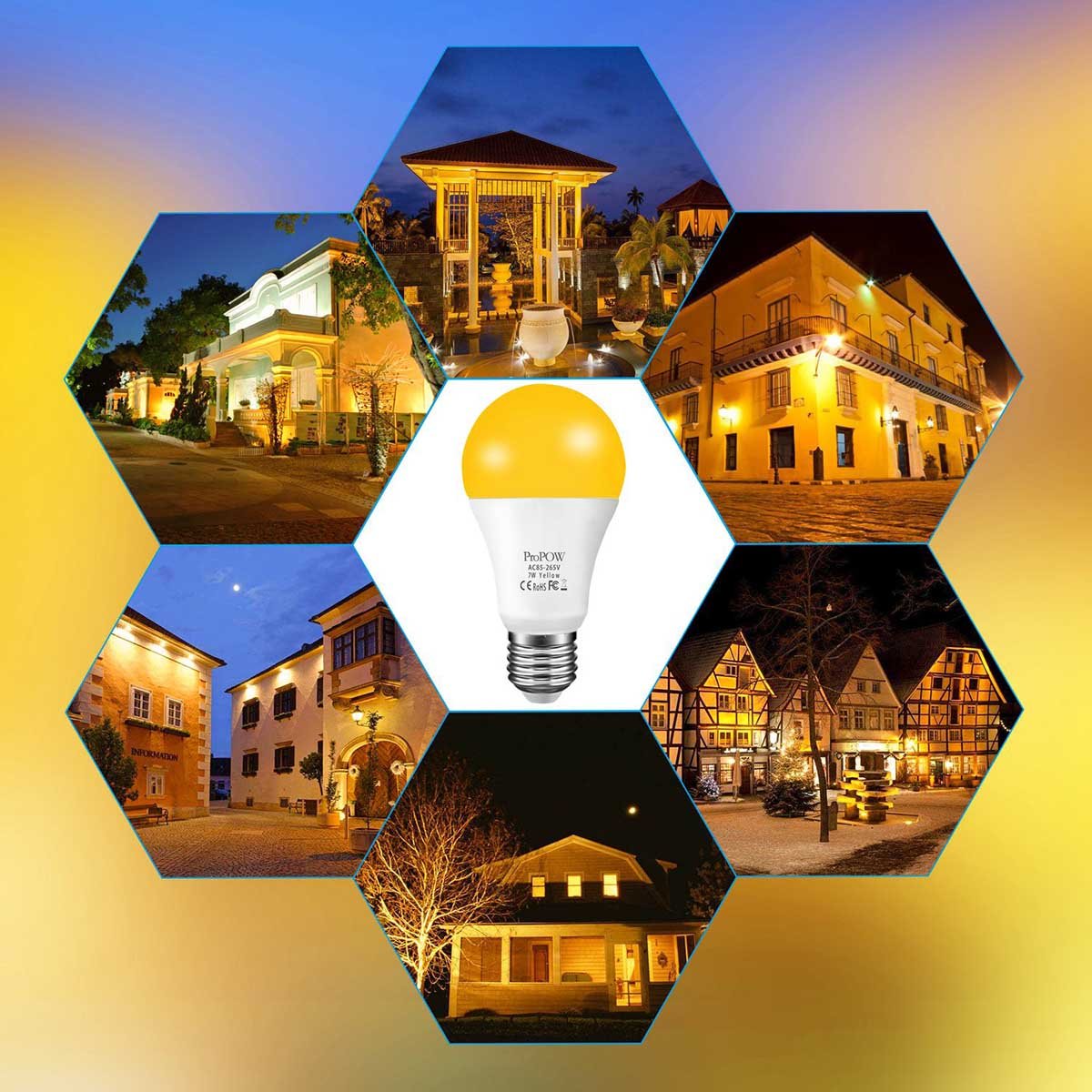 ProPOW Amber Yellow LED Light Bulb, 7W Dusk to Dawn Bulbs 40W Equivalent A19 Auto on/Off LED Bulbs Outdoor Lights 580 Lumens Porch Lights(Non-Dimmable,E26,2200K,2 Pack)