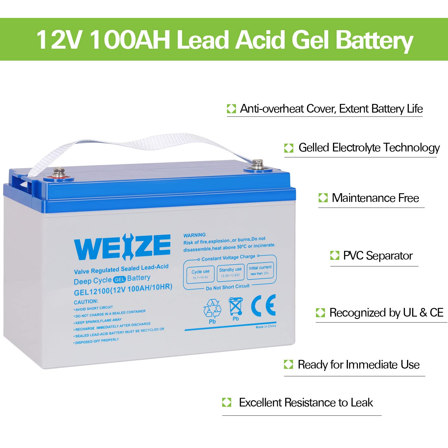 WEIZE 12V 100AH Deep Cycle Gel Battery Rechargeable for Solar, Wind, RV, Marine, Camping, Wheelchair, Trolling Motor and Off Grid Applications