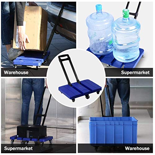 Push Cart Folding Flat Warehouse Moving Cart with 440 Lb Capacity, 6 Wheels Functional Moving Platform for Luggage/Personal/Travel/Auto/Moving & Office Use Portable Fold Up Hand Cart ( Color : Blue )