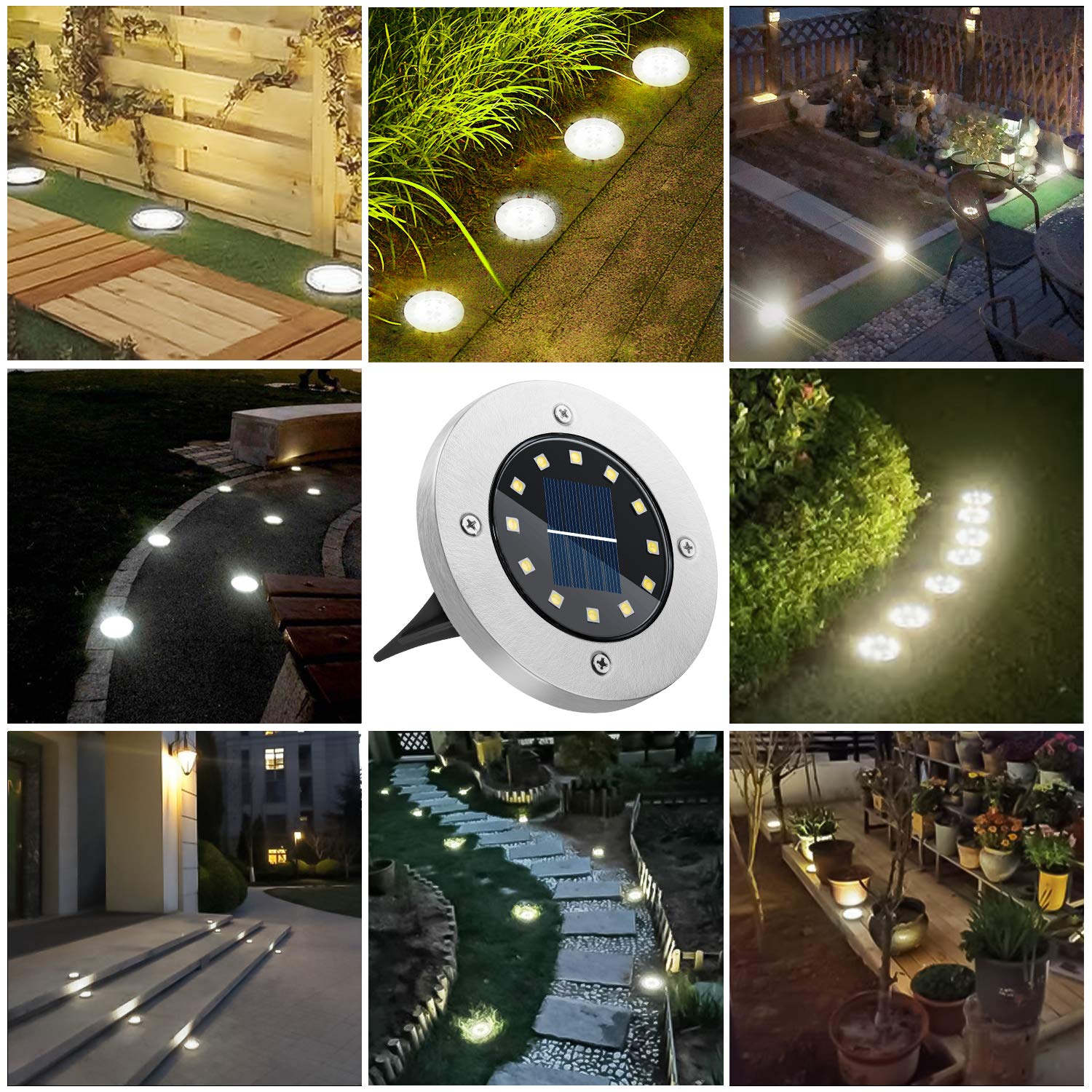 Solar Ground Lights Outdoor 8 Pack -12 LED Solar Powered Disk Lights IP65 Waterproof for Landscape Lighting, Brightright Garden Flat Solar Lights for Lawn Pathway Yard Deck Driveway Walkway (White)