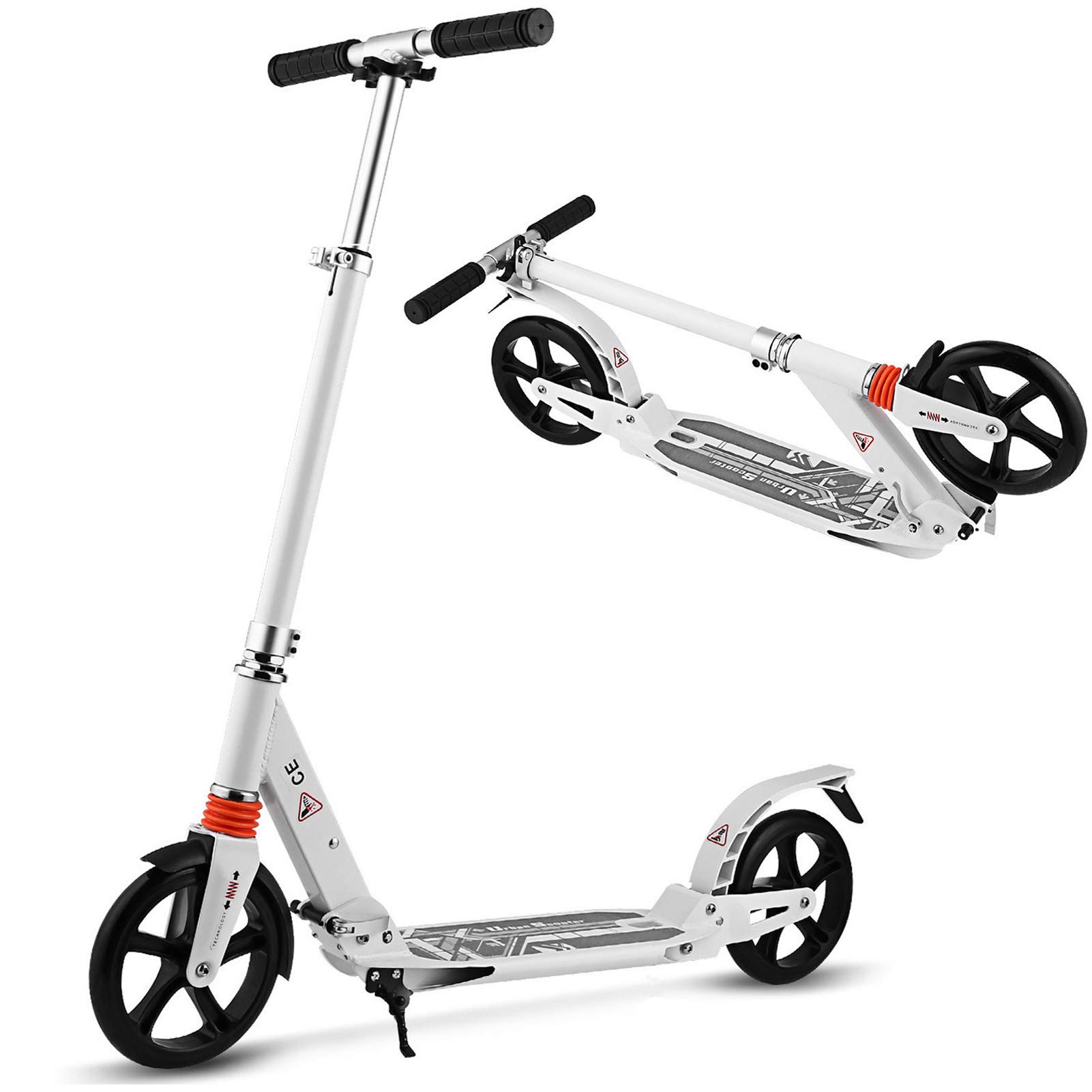 Scooter for Adults/Teens/Kids, 200mm Big Wheels Scooter Easy Folding Lightweight Height Adjustable Rear Fender Brake Scooter Support 220lbs (White)