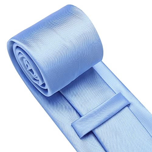Vinlari Sky Blue Tie, Neck Tie for men, Silk Mens Tie and Pocket Square Set, Formal Business Plain Satin Ties with Handkerchief for Wedding Party Work Tie(Gift Box)