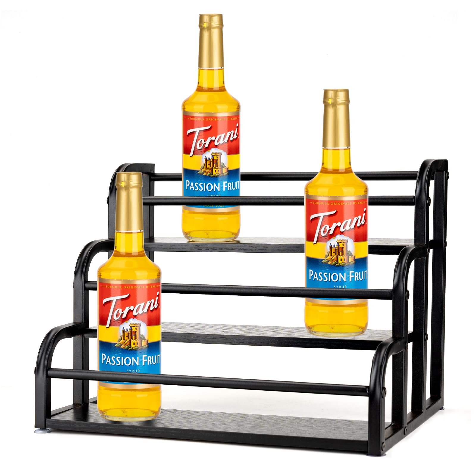UHSSJUGA Coffee Syrup Storage Rack, Coffee Syrup Bottle Holder Stand,3 Tier Organizer for Coffee Bar Station,15 Bottles Countertop Display Shelf for Syrup, Wine,Liquor（Black）