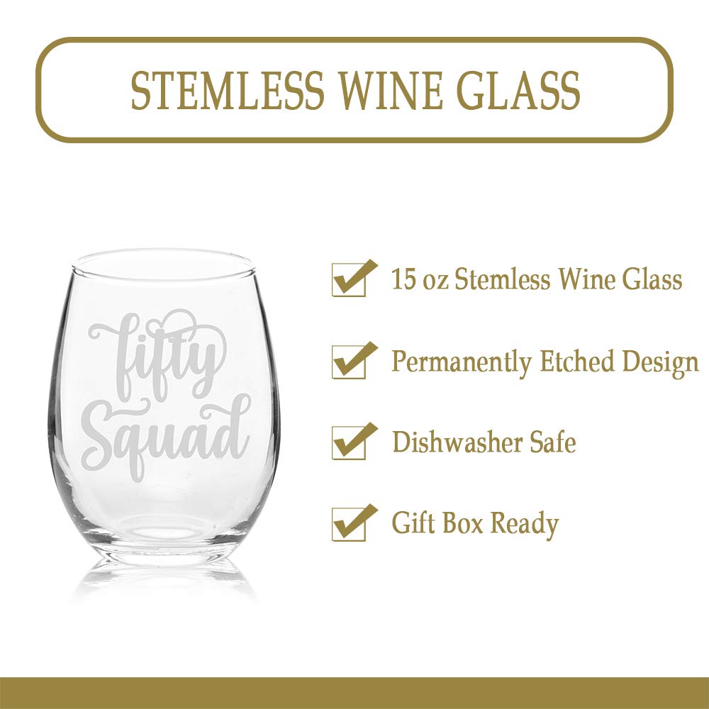 Veracco Fifty Squad Stemless Wine Glass 50th Birthday Gift For Him Her Fifty and Fabulous (Clear, Glass)