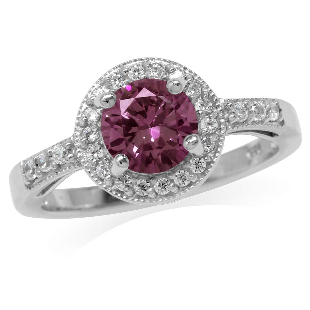 Silvershake 7mm Round Shape Simulated Color Change Alexandrite 925 Sterling Silver Halo Engagement Ring Size 8