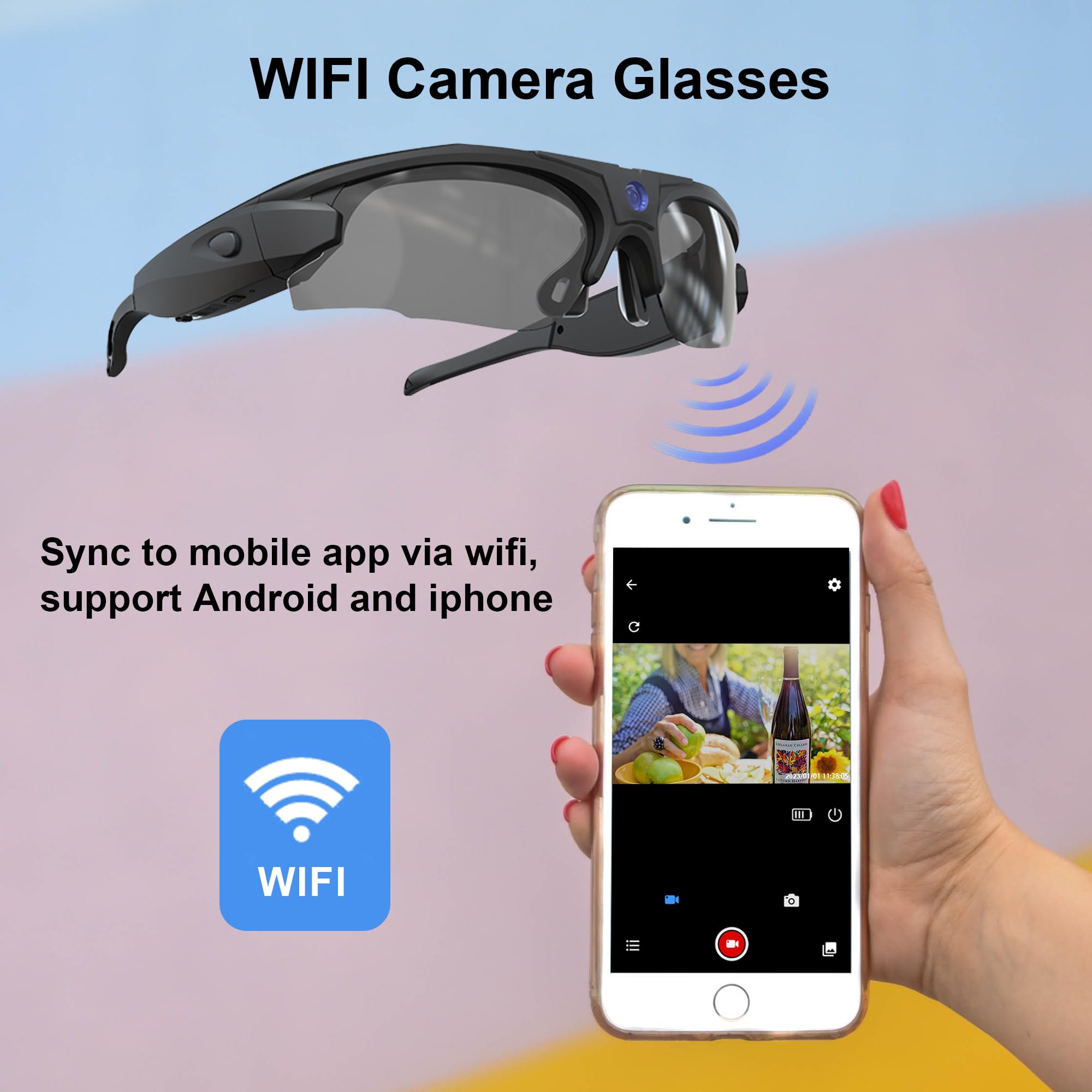 RERBO Camera Sunglasses, WiFi Video Glasses HD 1080P with Polarized UV 400 Lens for Cycling, Camping, Driving,Traveling(Include 32GB Card)