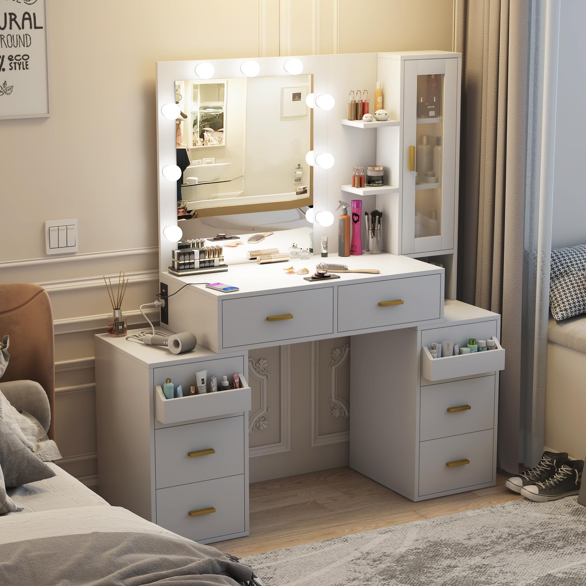 PAKASEPT Vanity Set with Lights, Makeup Vanity Desk with Tri-Fold Mirror, Dresser Table with 2 Drawer and Storage Cabinet, Cushioned Stool for Women Girls White