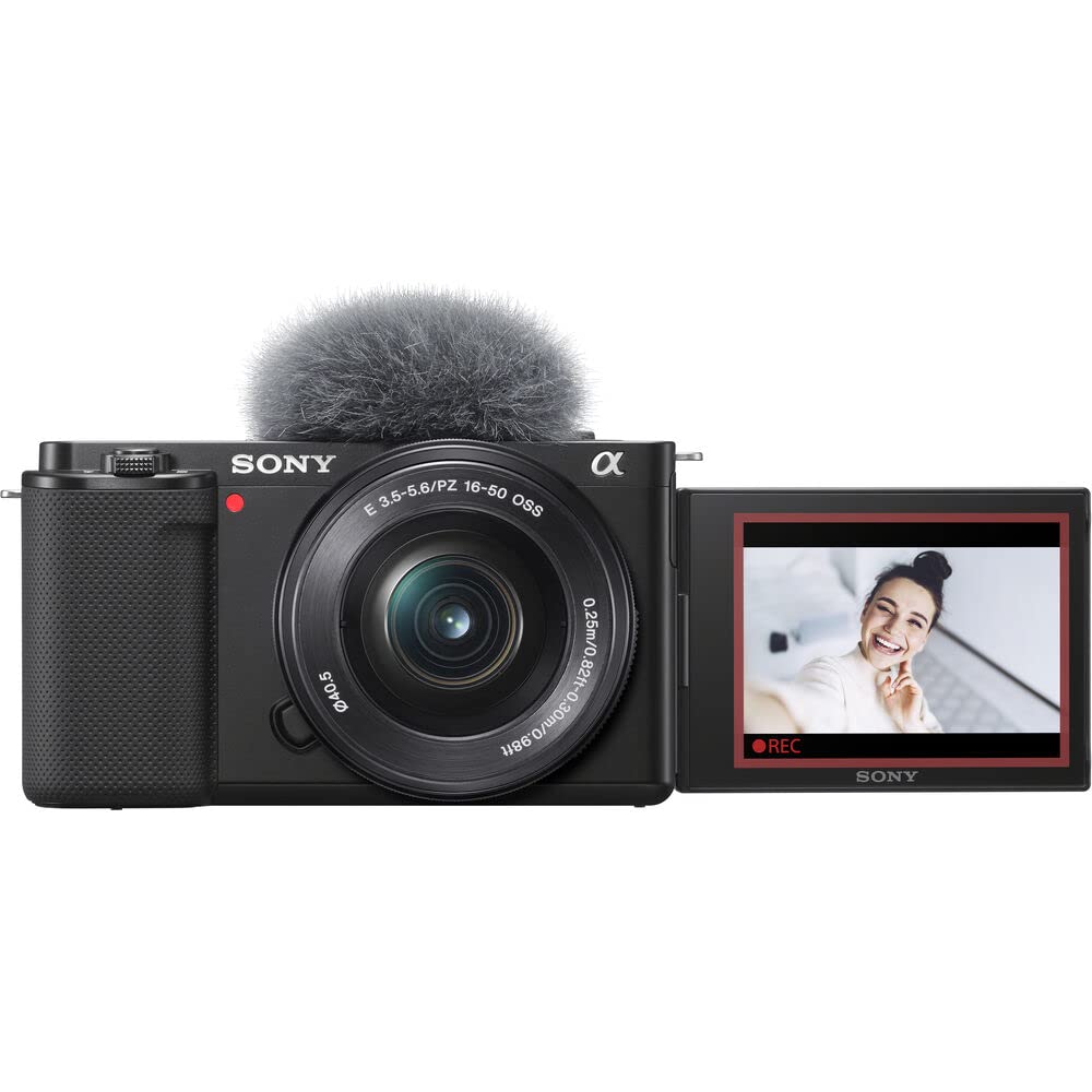 Sony ZV-E10 Mirrorless Camera with 16-50mm Lens (Black) (ILCZV-E10L/B) + 64GB Memory Card + Card Reader + Case + Flex Tripod + Memory Wallet + Cap Keeper + Cleaning Kit (Renewed)