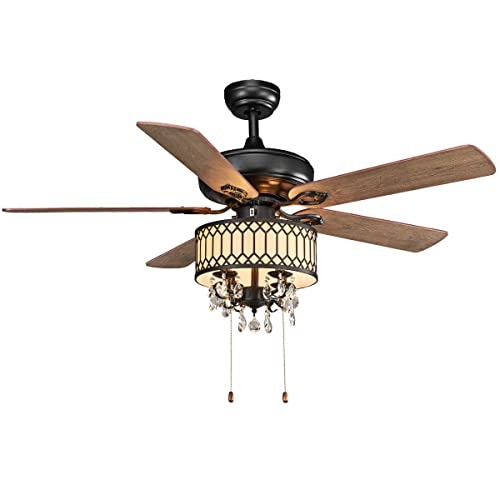 Tangkula 52" Crystal Ceiling Fan with Lights, Classical Crystal Ceiling Fan with Pull Chain Control, Elegant Modern Ceiling Fans with Chandeliers 5 Iron Reversible Blades, Mute Motor (Black)