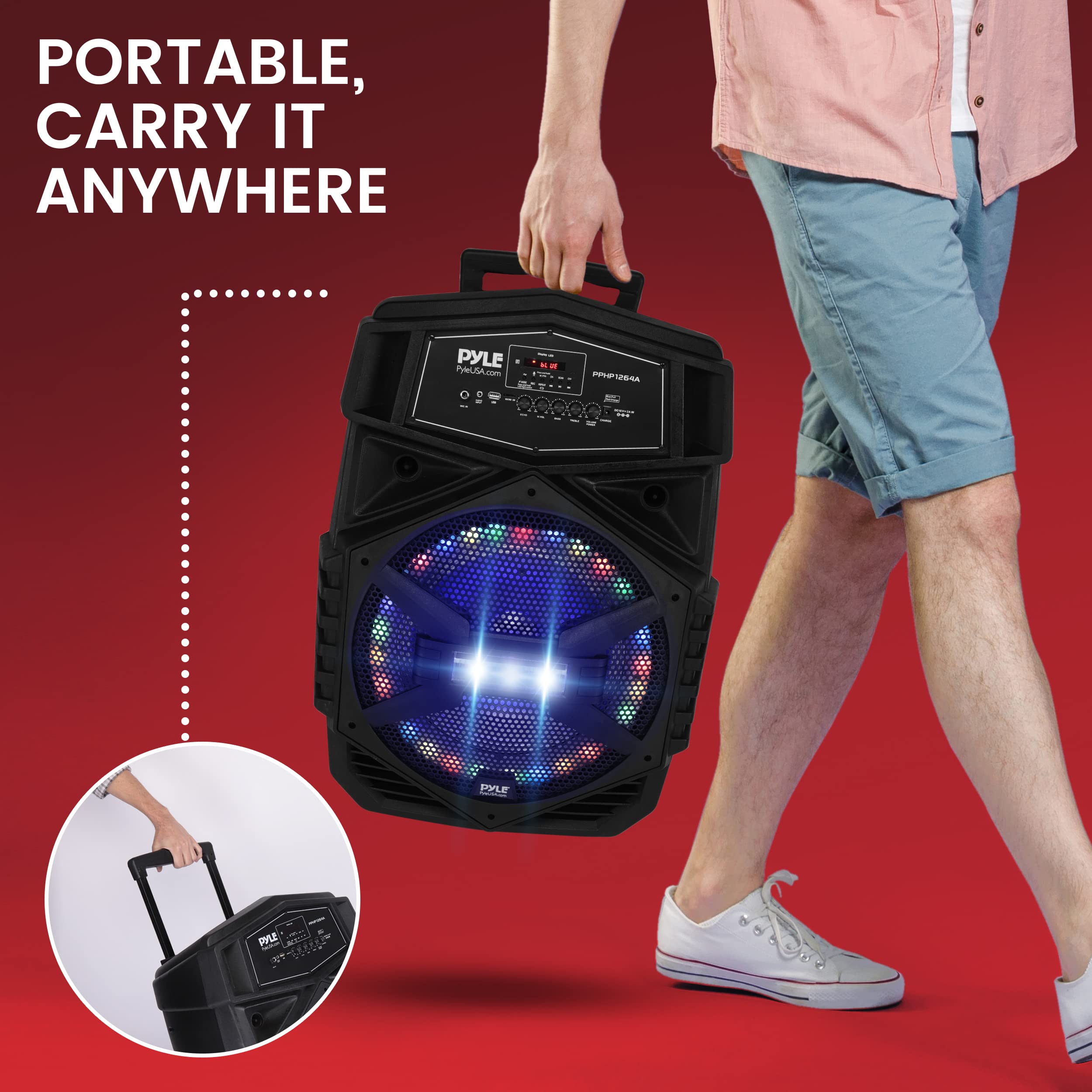 Pyle 12'' Portable Bluetooth Speaker System - 1000W Karaoke Speaker w/ LED Lights, USB/Micro SD/FM/BT/Aux/Remote Control/Mic & Guitar Inputs, Built-in Rechargeable Battery w/ Wheels & Handle Bar