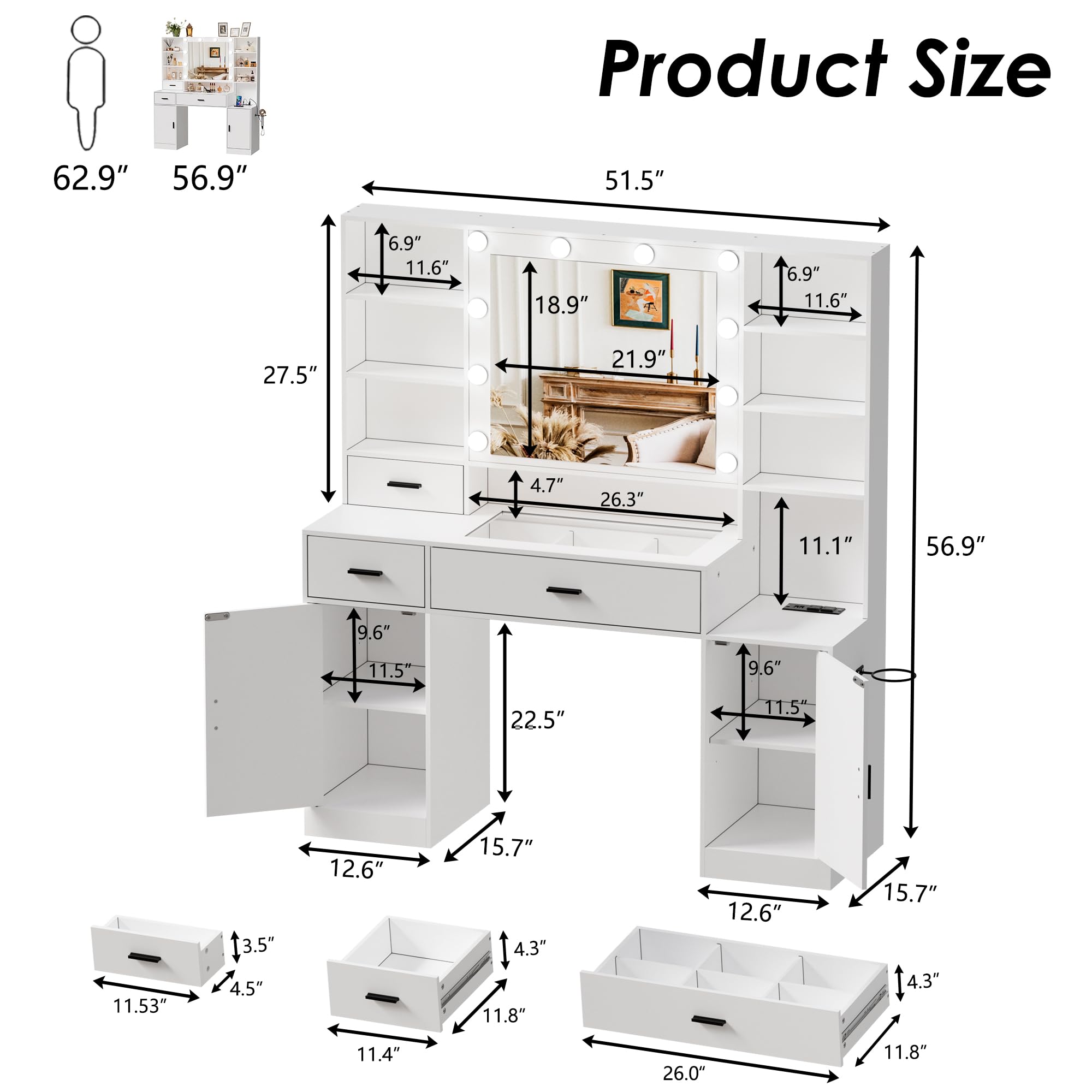 PAKASEPT Vanity Set with Lighted Mirror, Makeup Vanity with 3 Lighting Options and Charging Station, Large Vanity Desk with Storage Shelves, 5 Drawers, Glass Cabinet