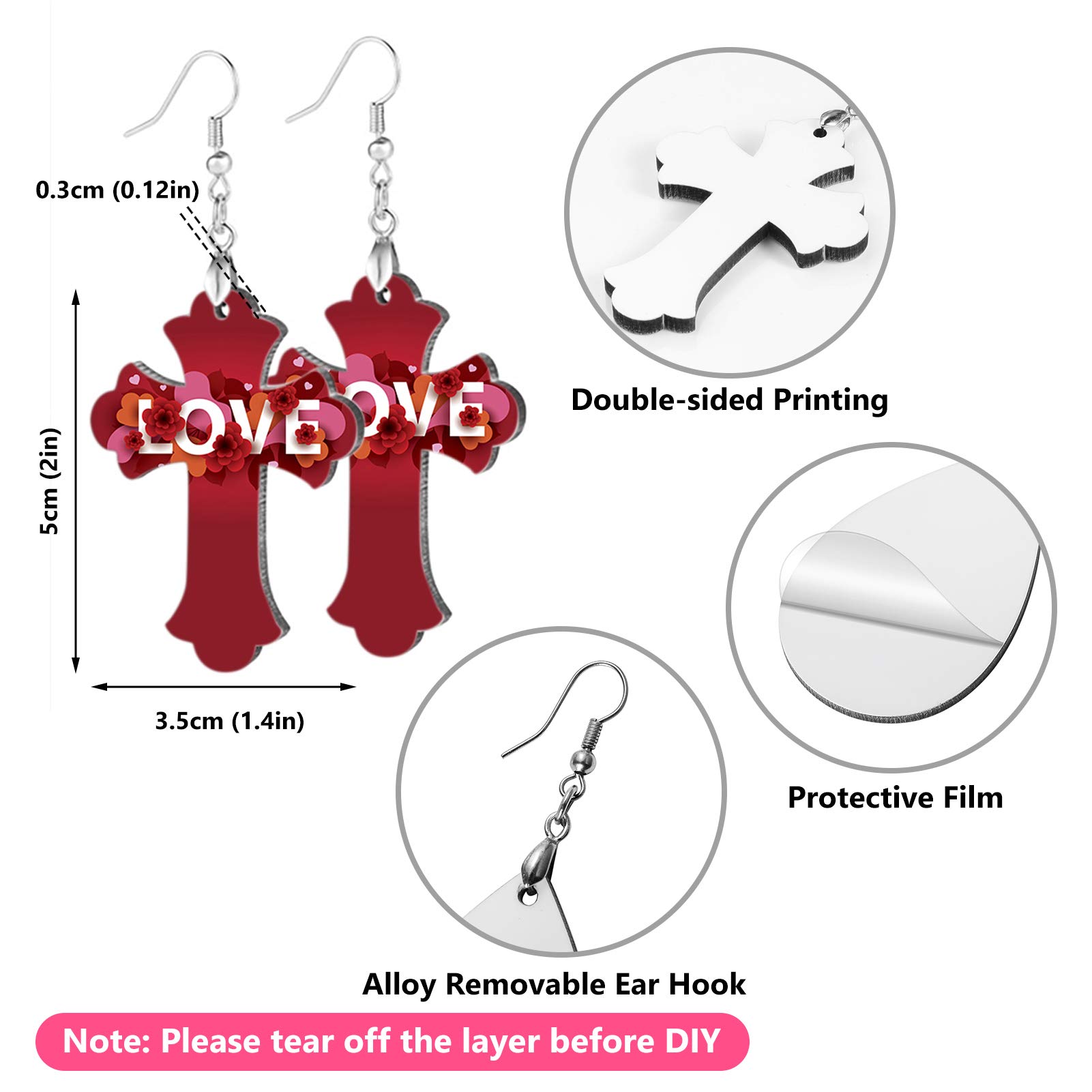 Sublimation Blanks Earring, MDF Sublimation Printing Dangle Earrings for for Women Girls, Cross