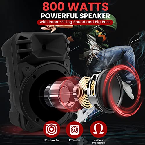 Pyle 12'' Portable Bluetooth Speaker System - 800 Watts - Karaoke Speaker w/ Latest DJ LED Lights, USB/FM/BT/Aux/Remote Control/Mic Inputs & Built-in Rechargeable Battery PPHP1243B