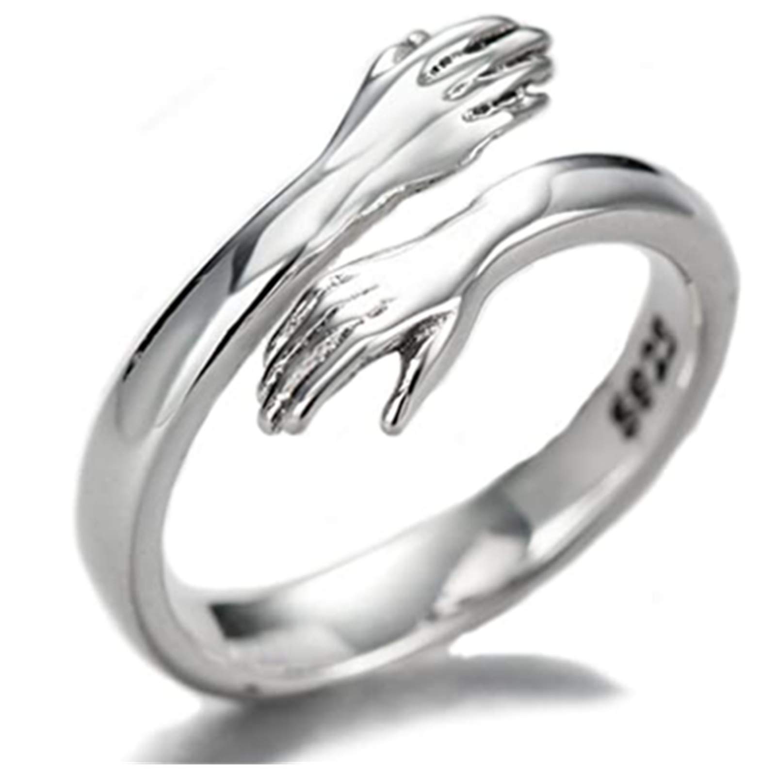 SUNTIRC Ring Silver Heart Love Hug Hands One Size Adjustable Ring Jewelry (1pc)