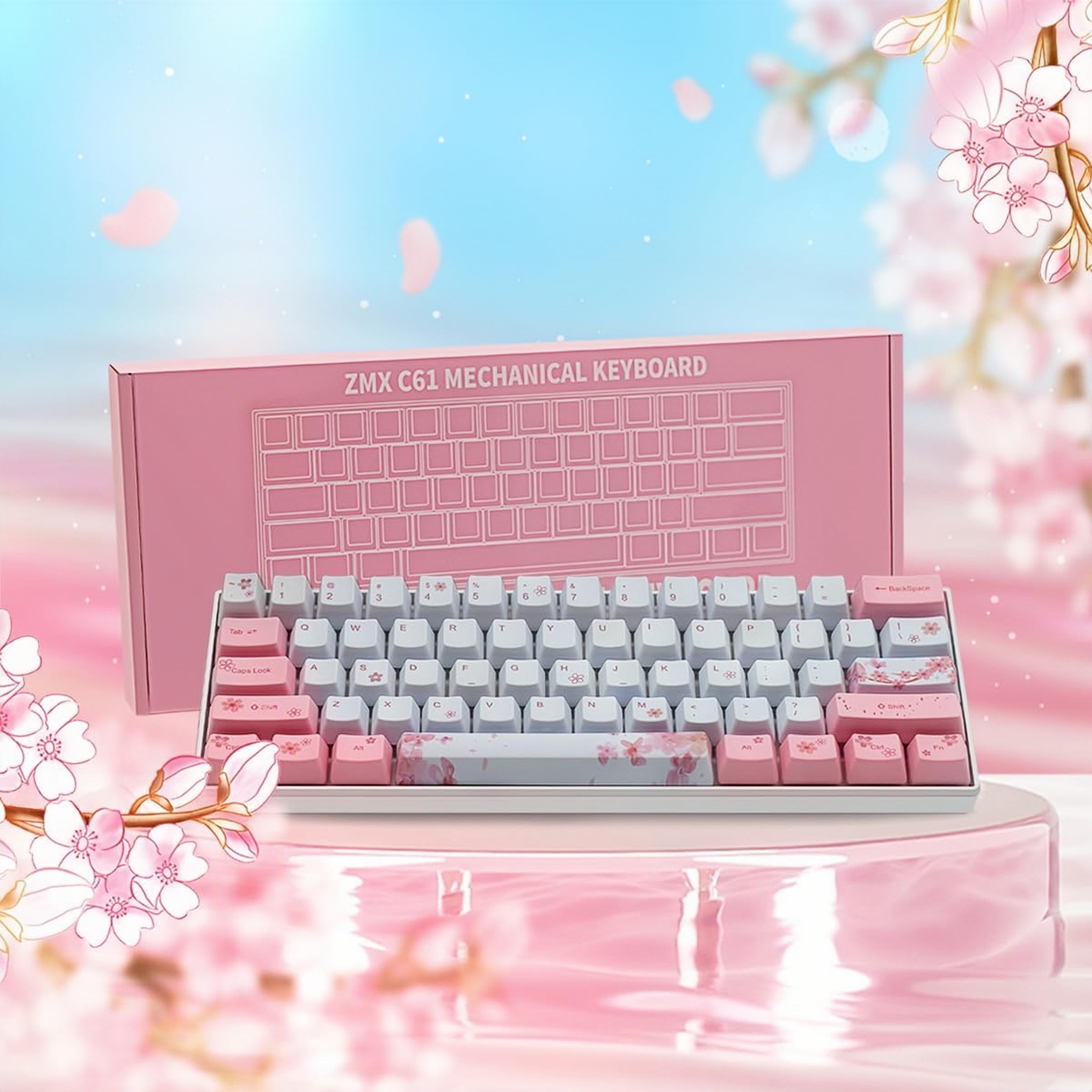 ZMX Cherry Blossom Pink Mechanical Gaming Wired Keyboard,61 Keys Mini OUTEMU (Gaote) Hot Swappable Heat Sublimated PBT Type-C Ergonomic Design Gaming Keyboard for Windows/Mac/Android (Black Switch)