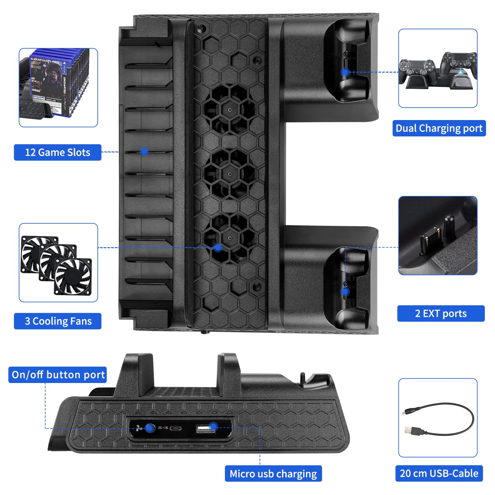 TECTINTER USB Cooling Fan Multifunctional Vertical Cooler with Dual Controller Charge Station and 12 Game Storage