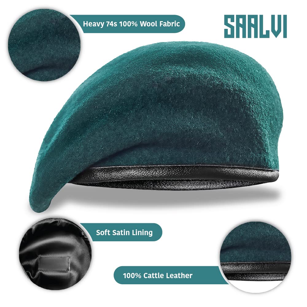 SAALVI 100% Wool and Leather Military Beret for Men and Women Wool Beret Hat, Soft Satin Lining, Black Size, 7 1/2