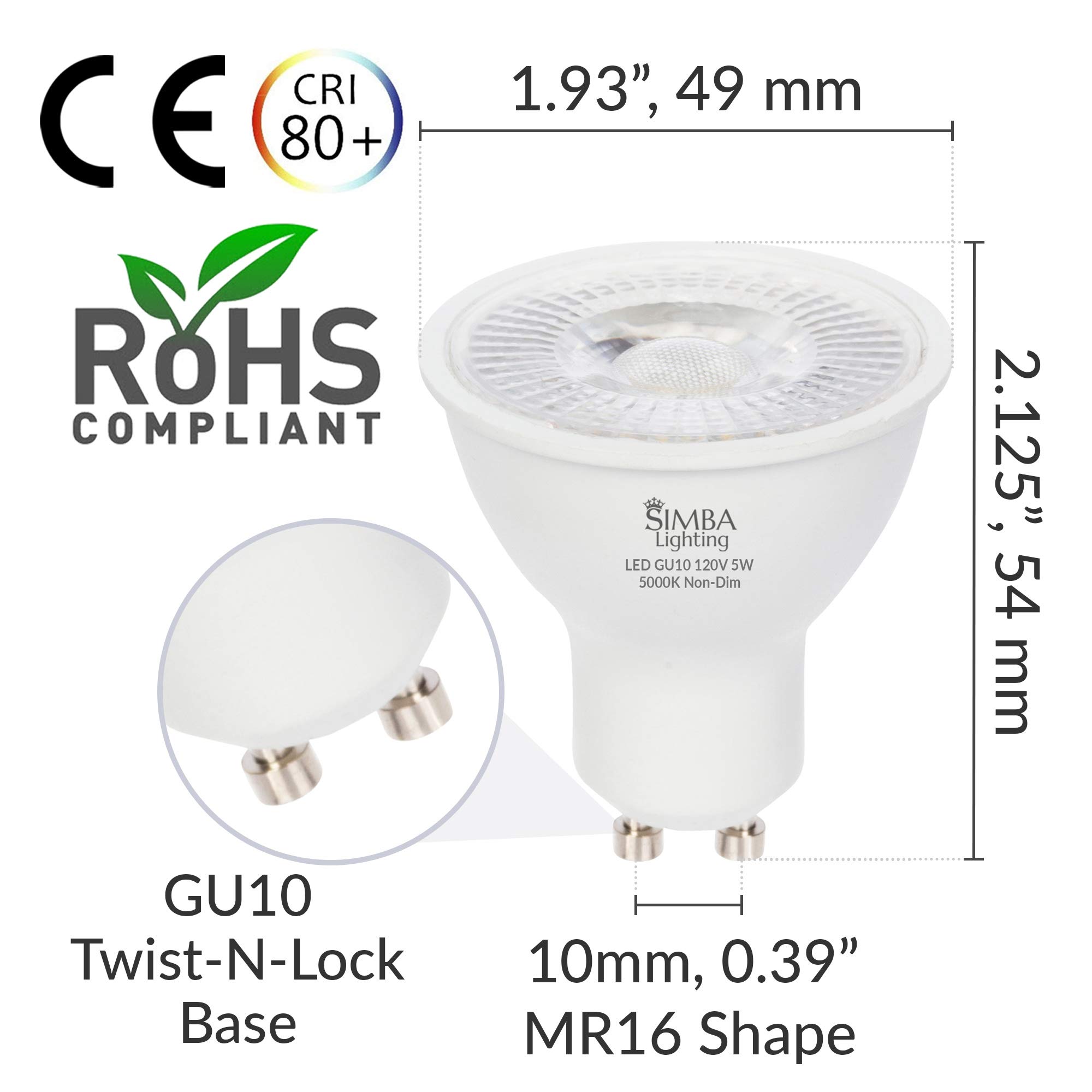 Simba Lighting LED GU10 5W Non-Dimmable Spot Light Bulb (6 Pack) Halogen 50W Replacement MR16 Shape for Accent, Recessed, Track Lighting, 38° Beam, 120V, Twist-N-Lock Bipin Base, 5000K Daylight