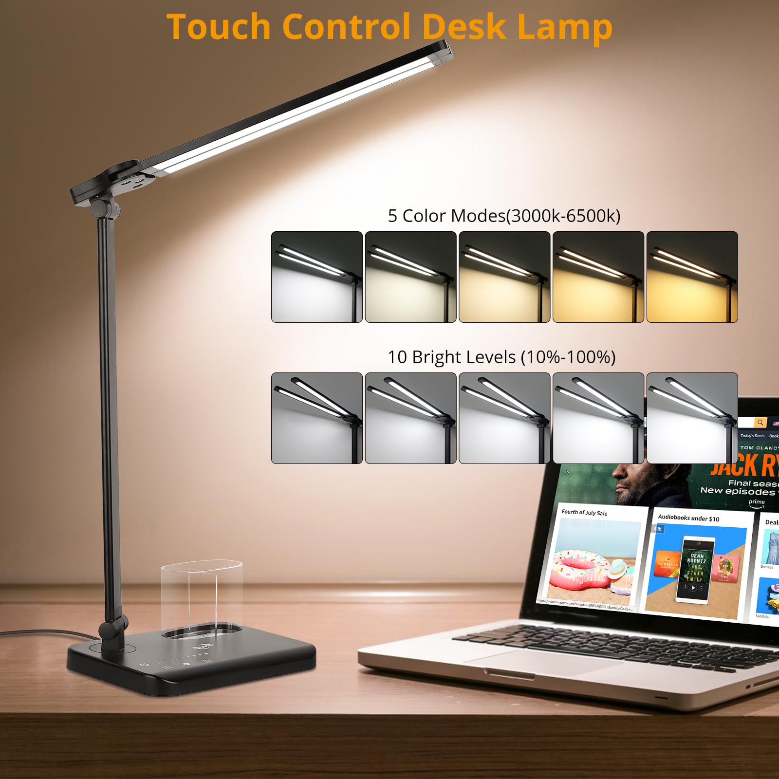 Woputne Desk Lamp, Dual Head Desk Light, 5 Lighting Colors & 10 Brightness Reading Light, LED Desk Lamp for Home Office, Table Lamp for Bedroom Desktop, Study, Craft, Black