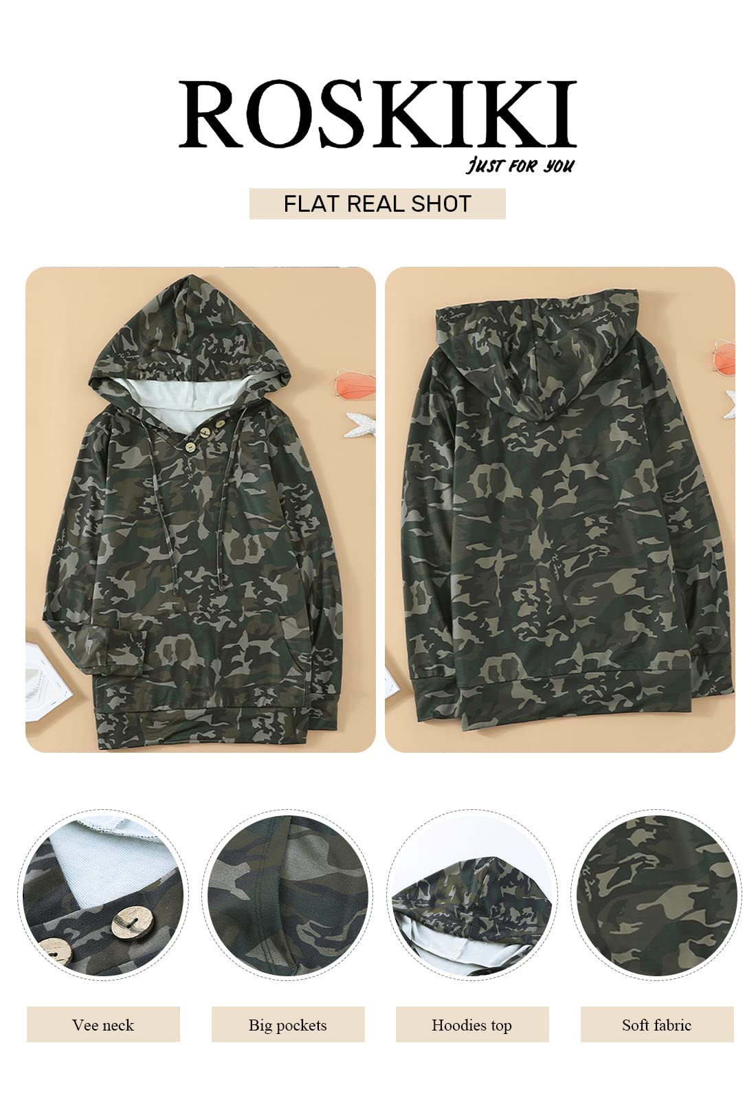 ROSKIKI Womens Hoodies Tops Casual Camo Print Long Sleeve Drawstring Button Sweatshirts Pullover Tops with Pockets Green Small