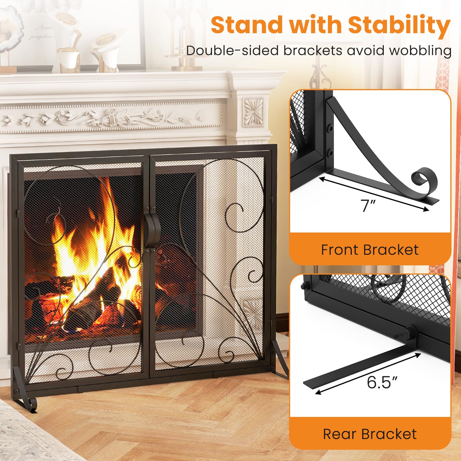 Tangkula Fireplace Screen, Firelpace Gate with Hinged Two-Doors, Wrought Iron Mesh, Steel Crest Fireplace Screen with Wrought Iron, Baby Safe Spark Guard Protector