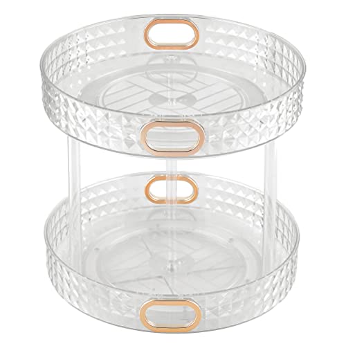YEAVS 2 Tier Lazy Susan, 11 Inch Clear Turntable 360° Rotating Deep Spice Makeup Organizer, Plastic Cosmetic Holder Condiment Rack with Handle for Kitchen Cabinet, Countertop, Bathroom Storage