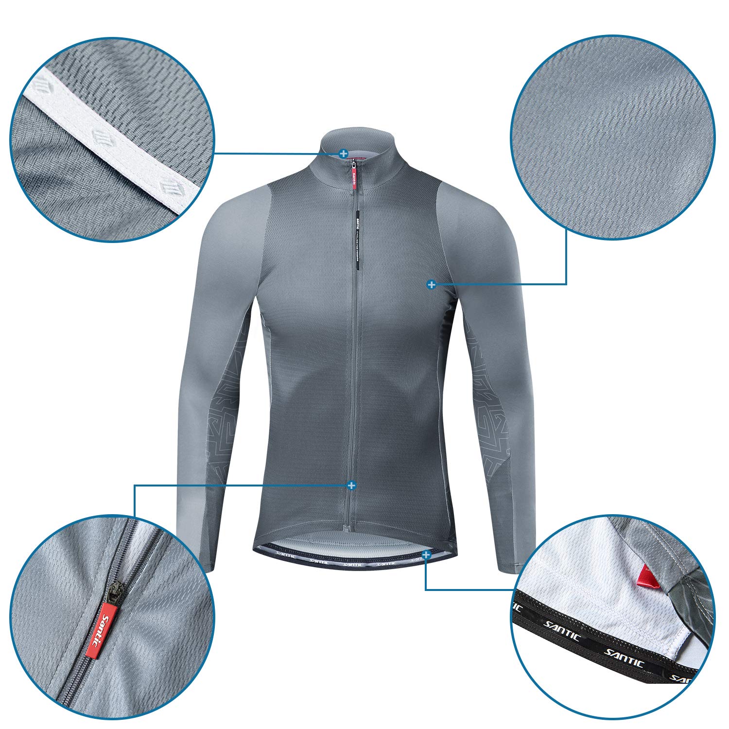 Santic Cycling Jersey Men's Long Sleeve Tops Mountain Bike Shirts Bicycle Jacket with Pockets Grey XL