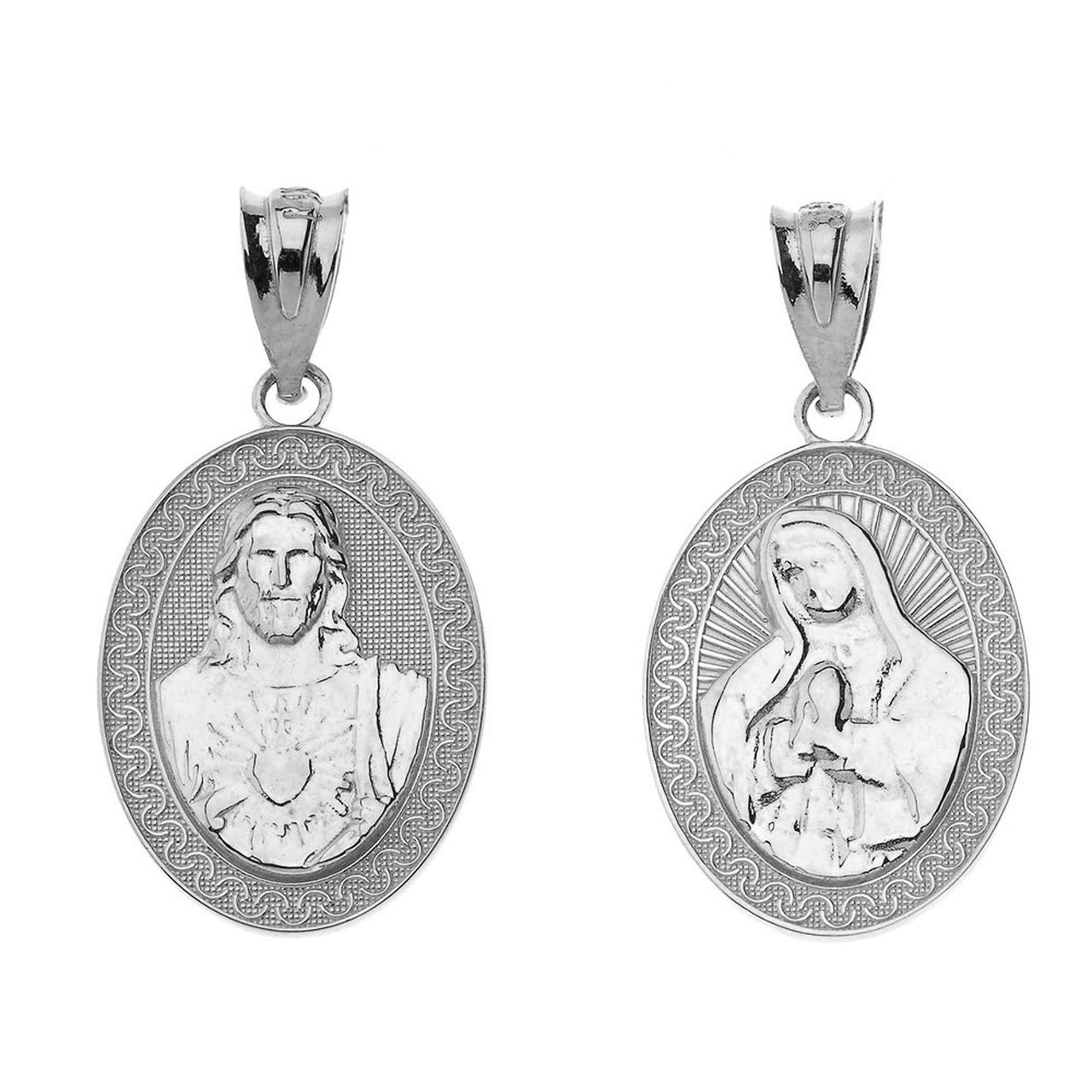 Sterling Silver Sacred Heart Of Jesus, Immaculate Heart of Mary Medal Reversible Pendant