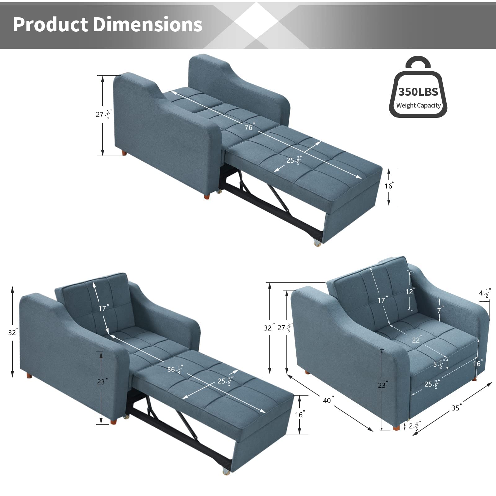 Vicluke Convertible Chair Bed, 3-in-1 Sleeper Chair Bed with Adjustable Backrest, Linen Pull Out Sofa Bed with 2 Pillows, Folding Single Bed Armchair for Apartment, Living Room (Bluish Grey)