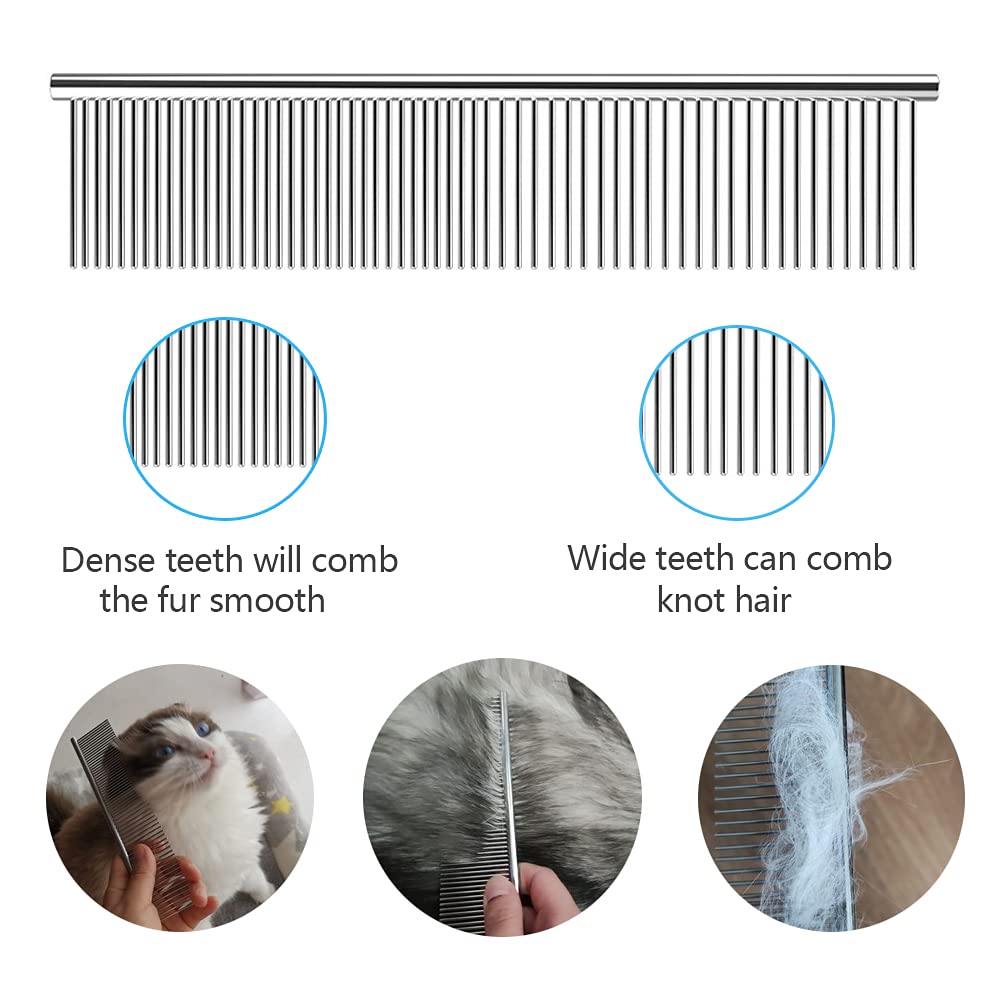 TanDraji Dog Combs for Grooming, 2 Pack Metal Dog Comb with Rounded Teeth, Stainless Steel Cat Comb for Removing Tangles and Knots for Dogs and Cats