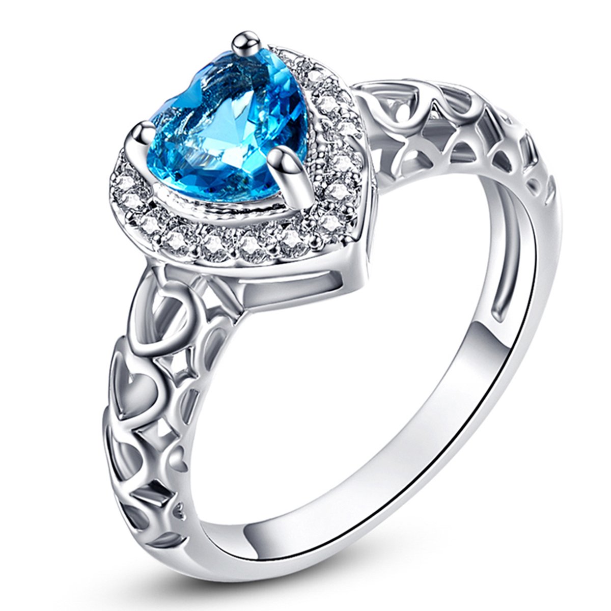 Psiroy 925 Sterling Silver Created Blue Topaz Filled Halo Heart Promise Ring Size 12