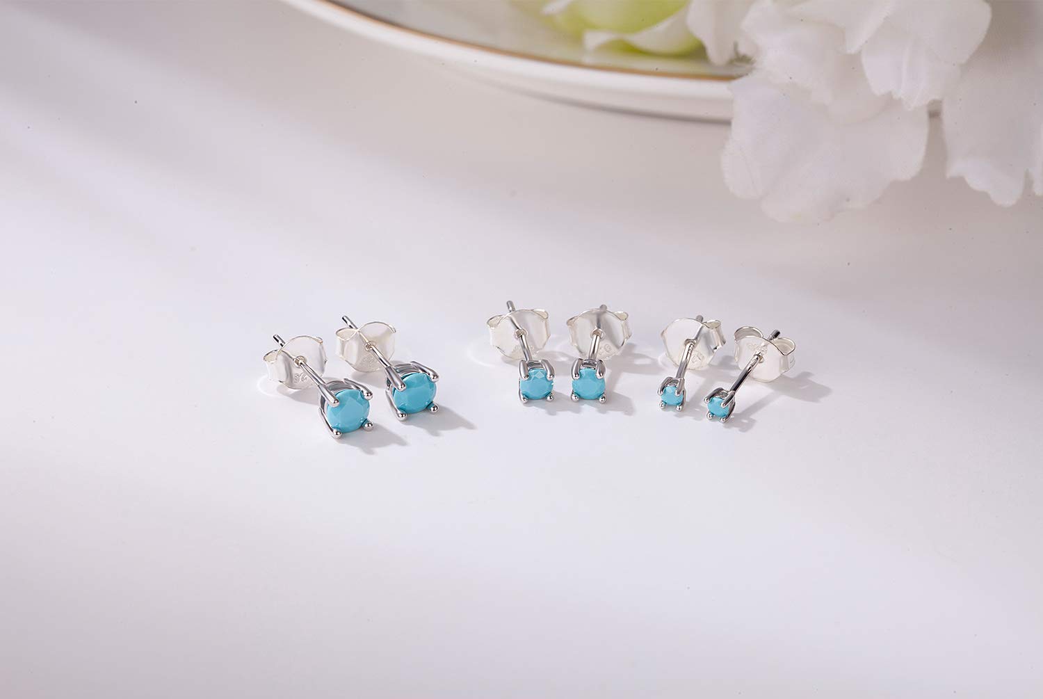 Sterling Silver Stud Earrings for Men Women- Hypoallergenic Tiny Turquoise Stud Earring Set White Gold Plated Round Prong-Set Birthstone Small Earrings(2mm/3mm/4mm)