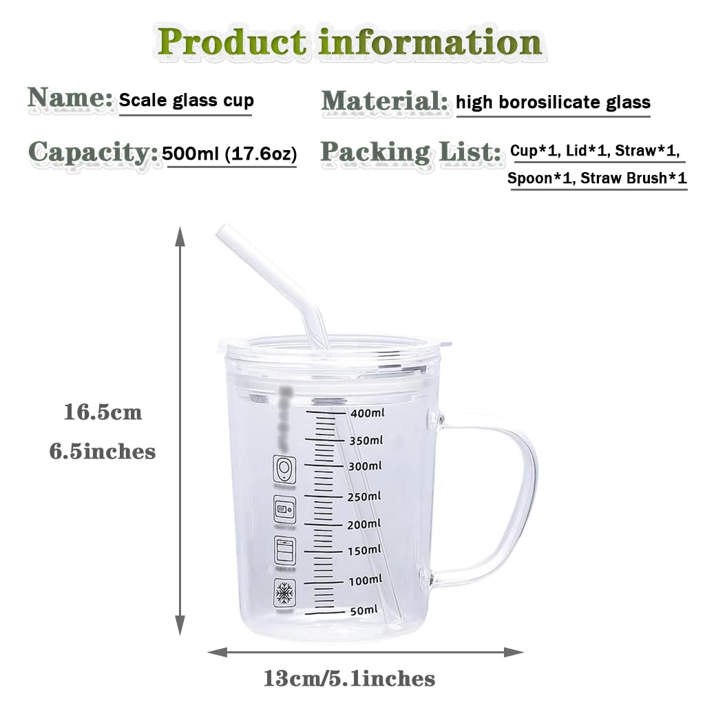 ZRAGEK Straw Cup Glass Mug with Straw and Spoon, Breakfast Scale Coffee Cup, Thickened High Borosilicate Glass Cup, 17.6oz Large Capacity, Microwave Safe(Black,17.6Oz)