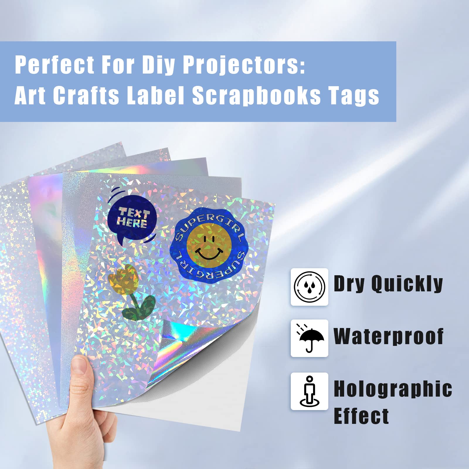 Uinkit 60 Pack Printable Holographic Sticker Paper for Inkjet and laser printer 8.5x11 inches Printable Waterproof Vinyl Sticker,Dries Quickly (60Pack, Variety Pack-5 color)