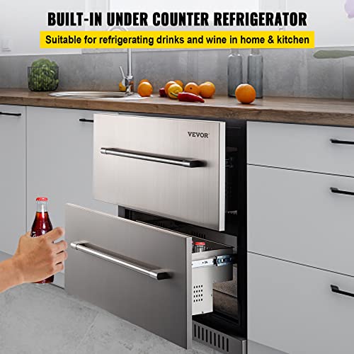 vevor 24" Undercounter Built-in Refrigerator, 5.12 Cu.ft. Double Drawer Indoor/Outdoor Beverage Fridge with Embraco compressor,32-50°F Cooling Range, Ventilated Cooling for Home and Commercial Use
