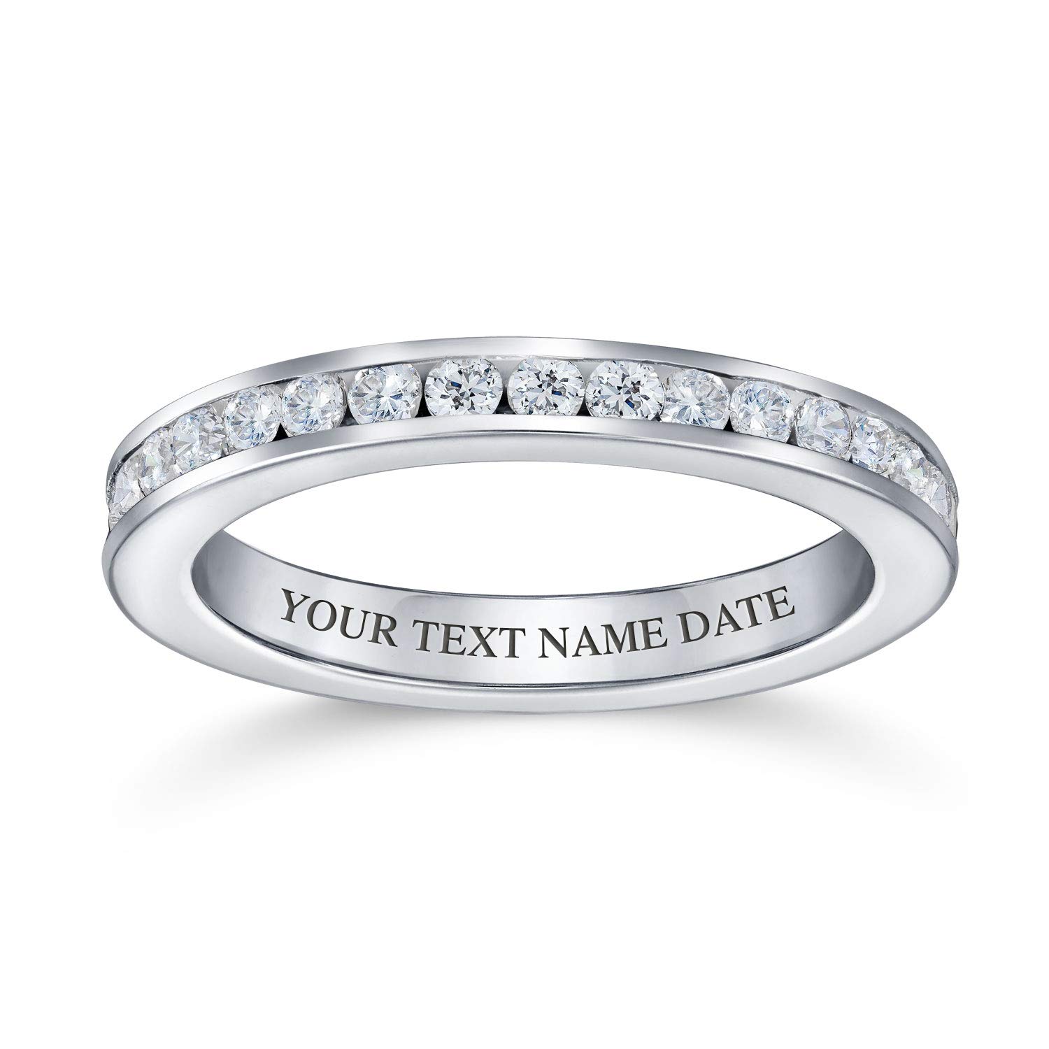 Personalized Cubic Zirconia Stackable Channel Set Eternity Anniversary Wedding Band Ring Sterling Silver Custom Engraved