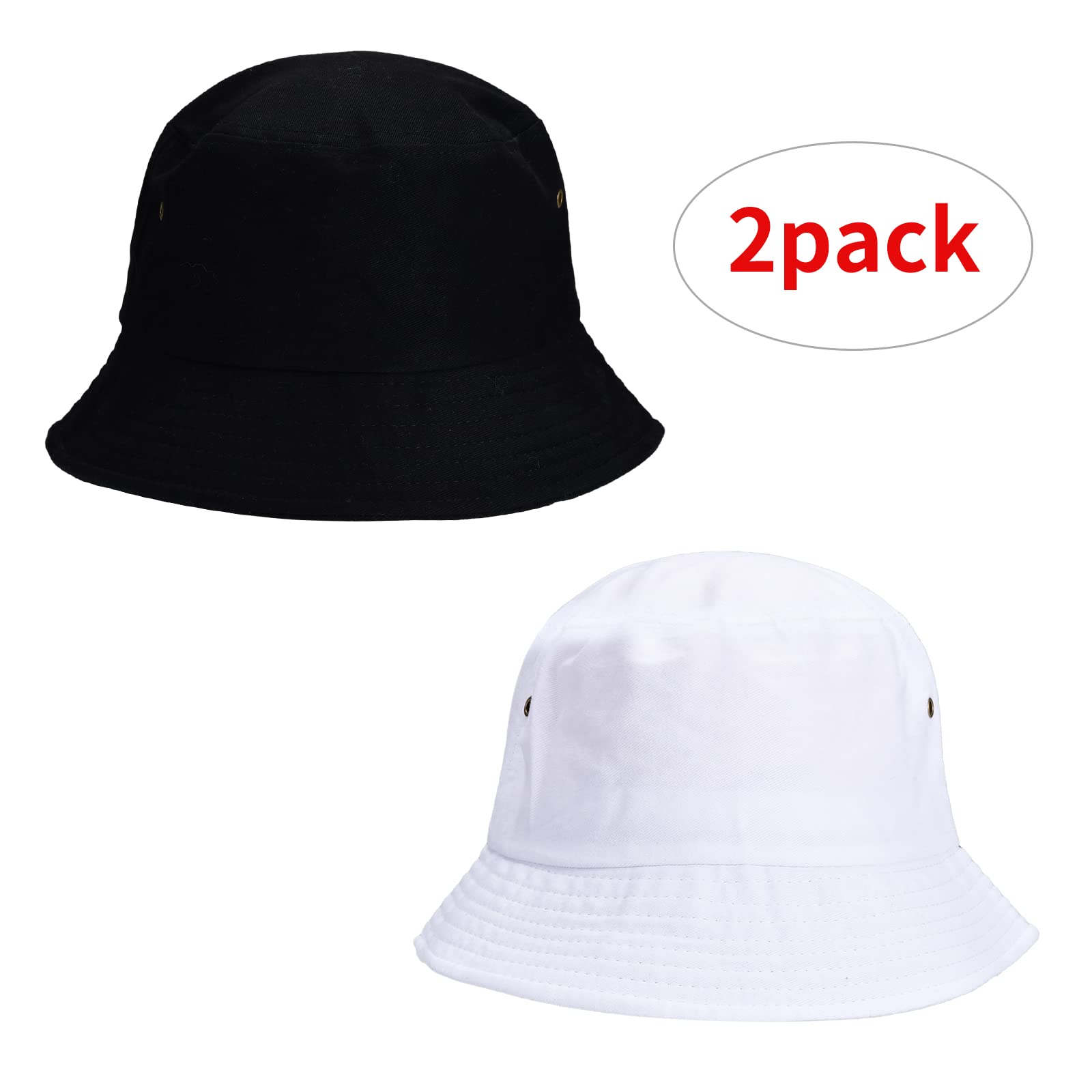 ZOORON 2 Pack 100% Cotton Bucket Hat Unisex Packable Summer Travel Beach Sun Hat Outdoor Cap (Black+White)
