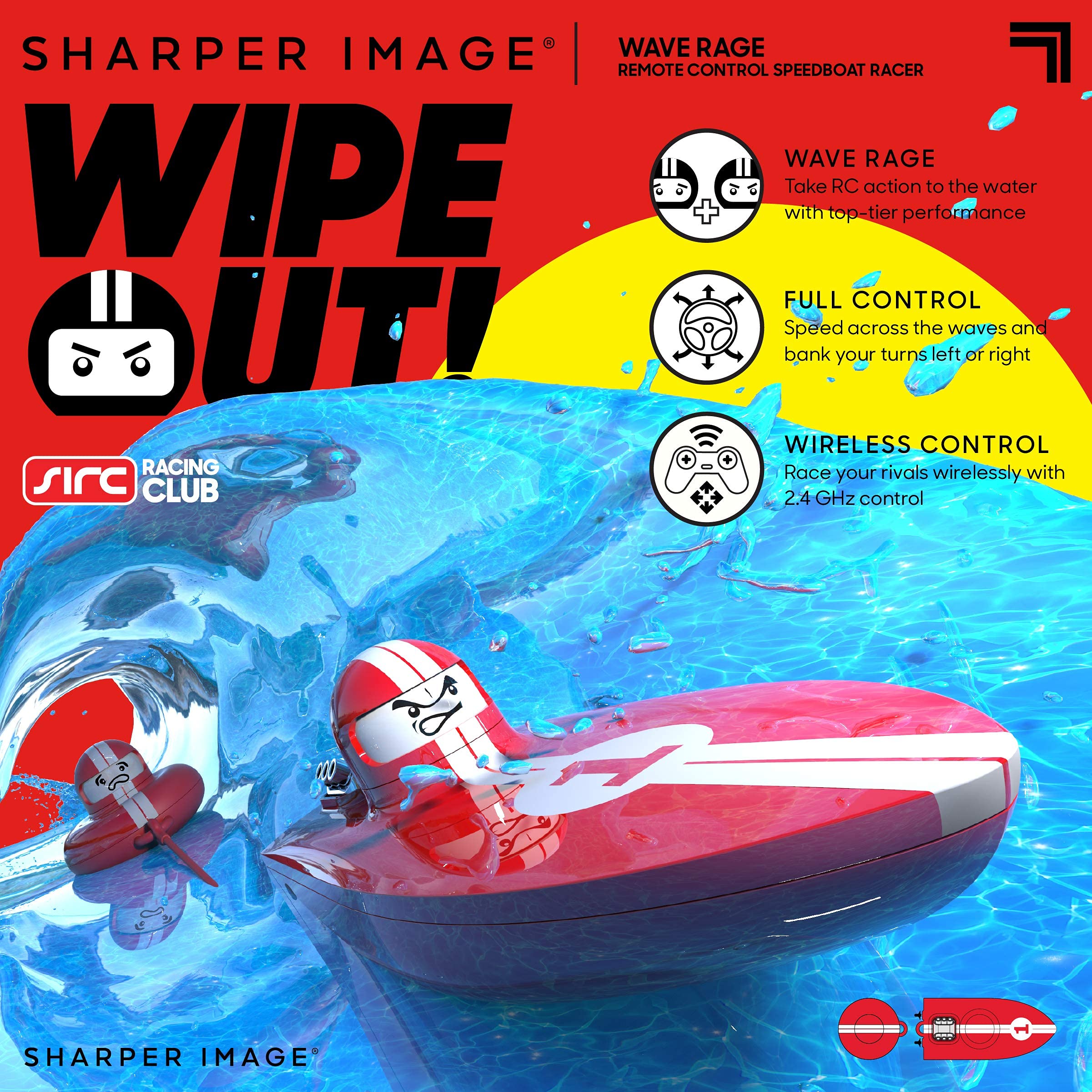 Sharper Image The RC Wave Rage, Wireless Rechargeable Bumper Boat with Tow Rider - Red