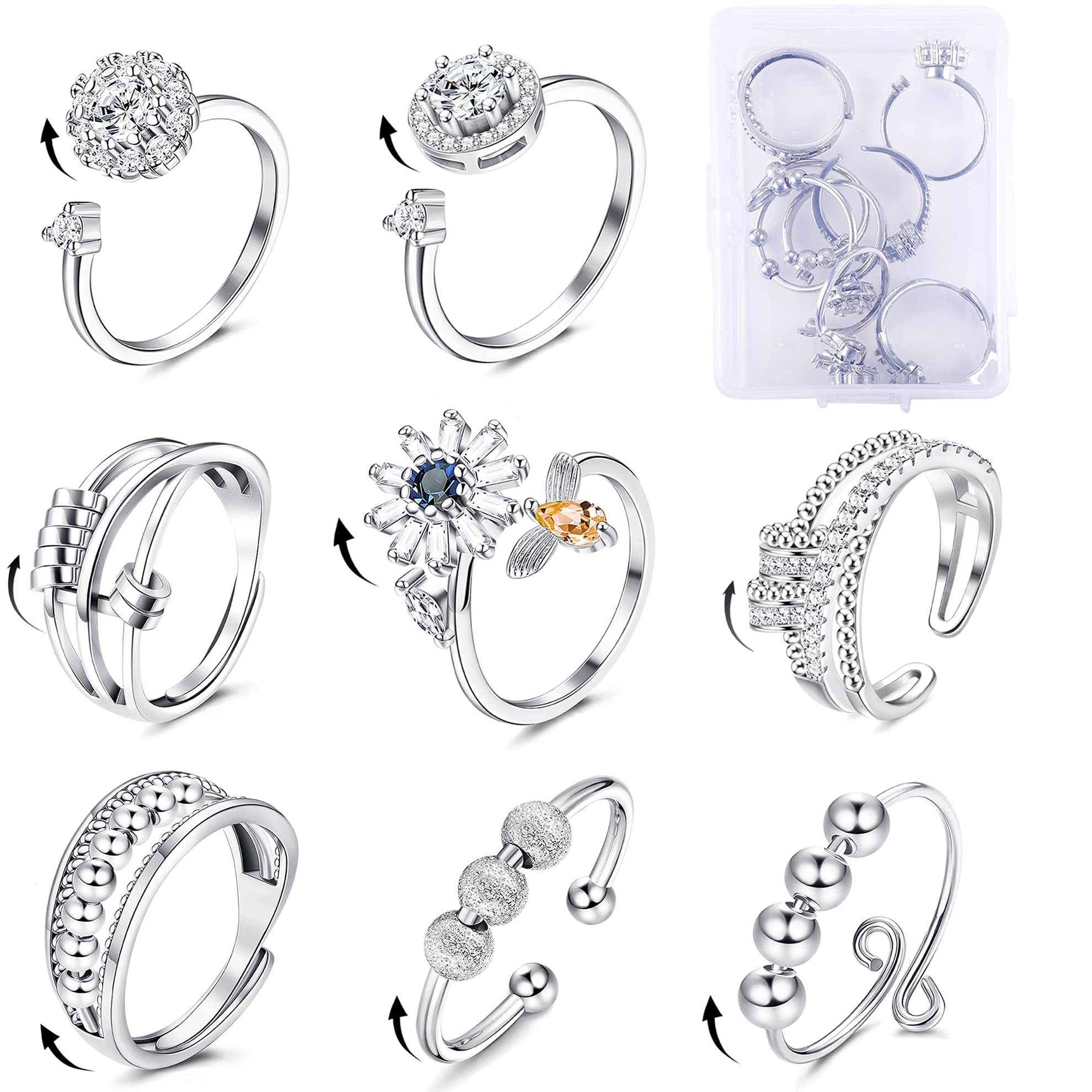 SAILIMUE 8Pcs Fidget Anxiety Rings for Women Fidget Rings for Anxiety Adjustable Open Fidget Ring Set with Box Cubic Zirconia Flower Beads Rotatable Worry Ring Anxiety Stress Relief Ring