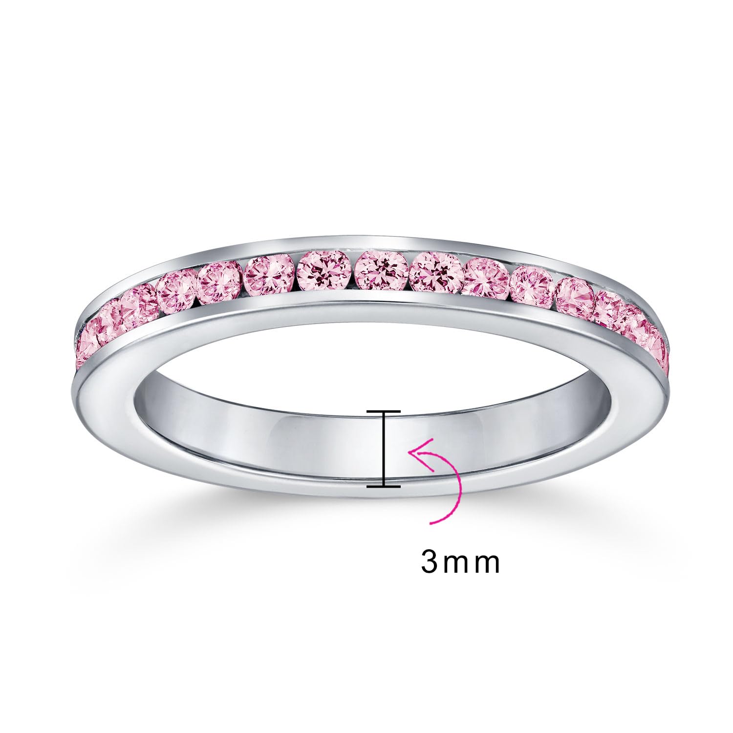 Personalized Cubic Zirconia Pink CZ Channel Set Eternity Band Ring Simulated Tourmaline Sterling Silver Custom Engraved