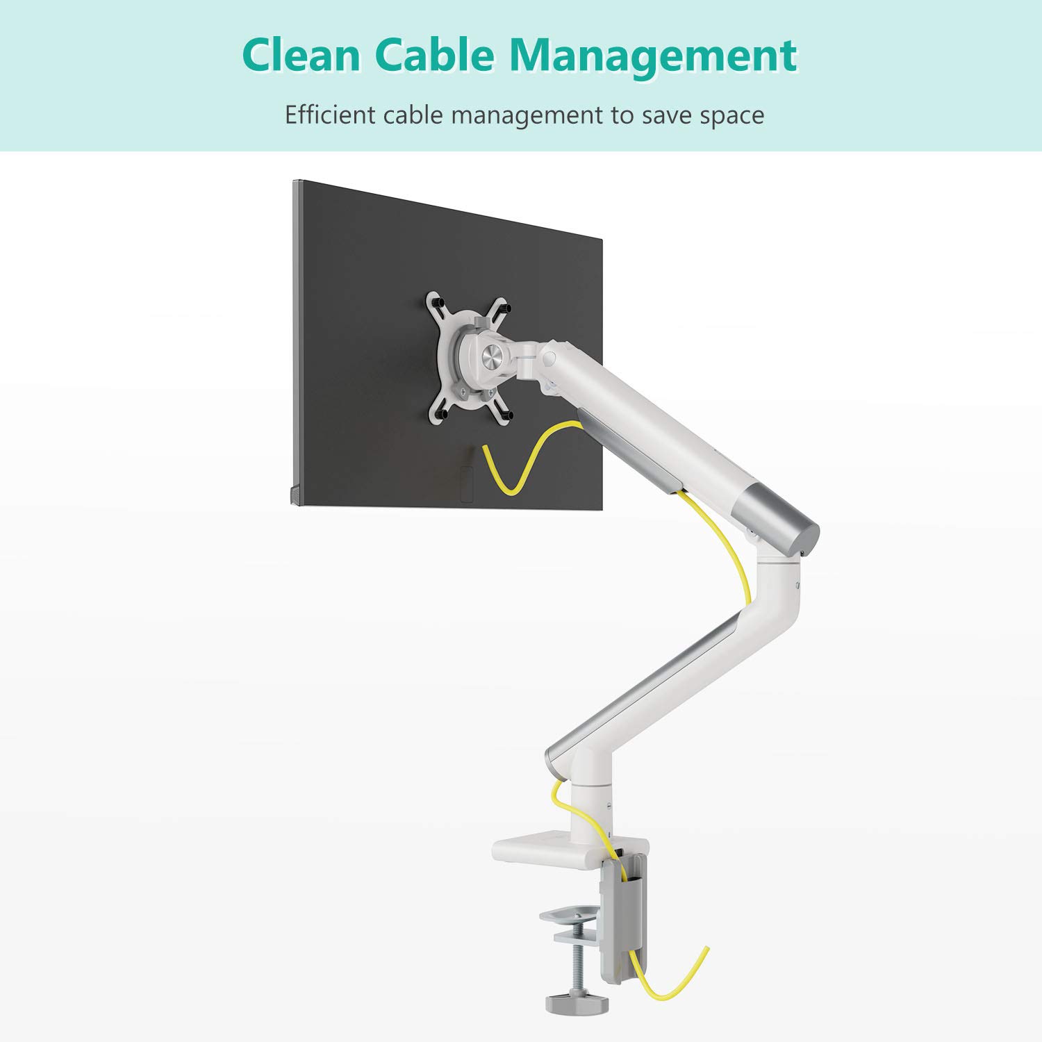 WALI Single White Monitor Mount Arm Stand, Fully Adjustable, Mechanical Spring Tension Indicator, Bracket with Clamp, Display Up to 32 inch, 22lbs Weight Capacity (MATI001-W), White