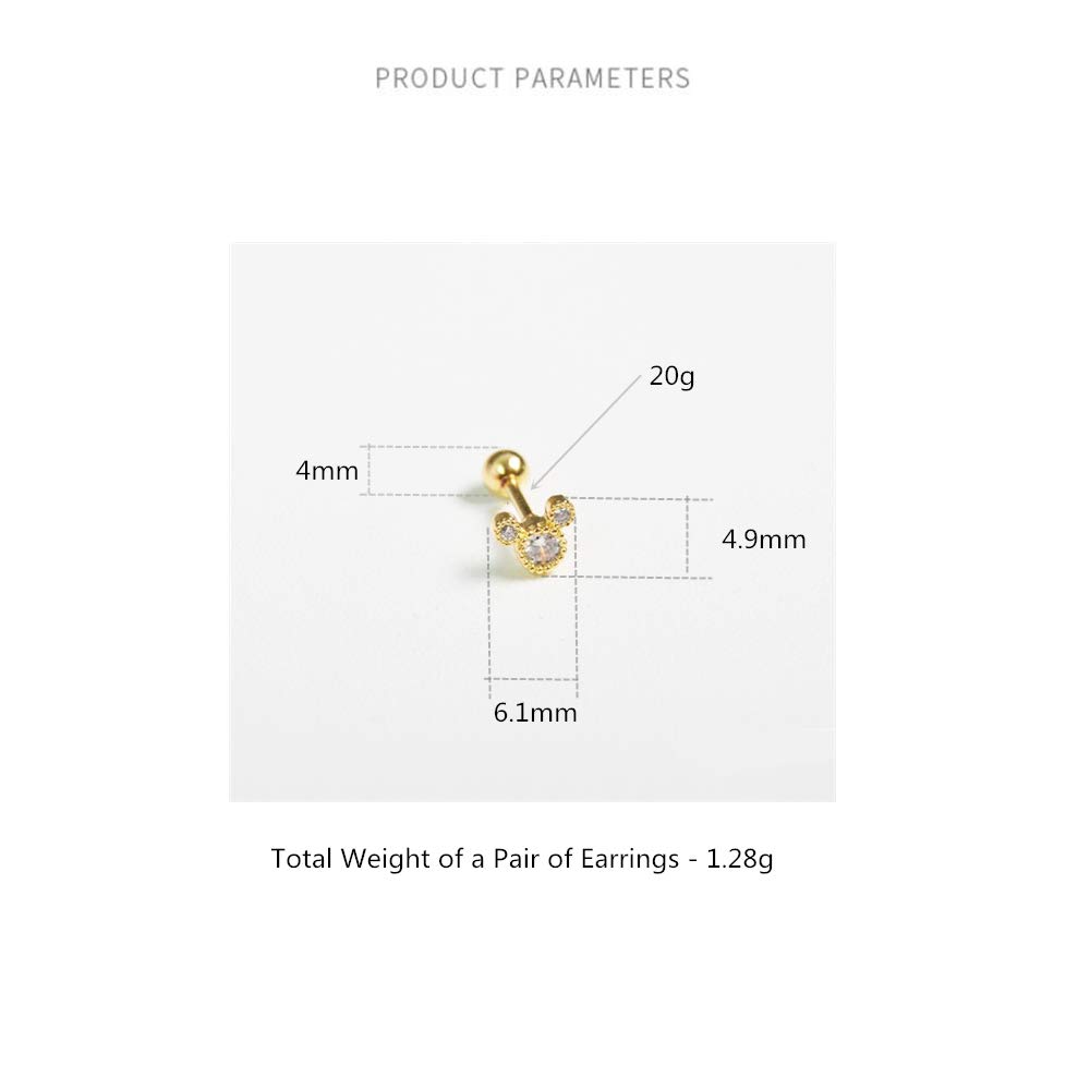 Tiny Cute Mouse Stud Sterling Silver Earrings for Women Girls Gold Plated Cubic Zirconia Mini Small 20g Barbell Ball Studs Cartilage Tragus 4 mm Bead Screw Back Piercing Body Jewelry (Gold)