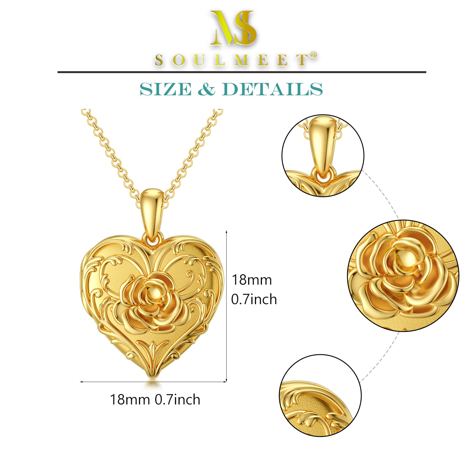 SOULMEET 18k Gold Plated Silver Rose Heart Shaped Locket Necklace That Holds 2 Picture,Your Are My Sunshine, 18" (Locket only)