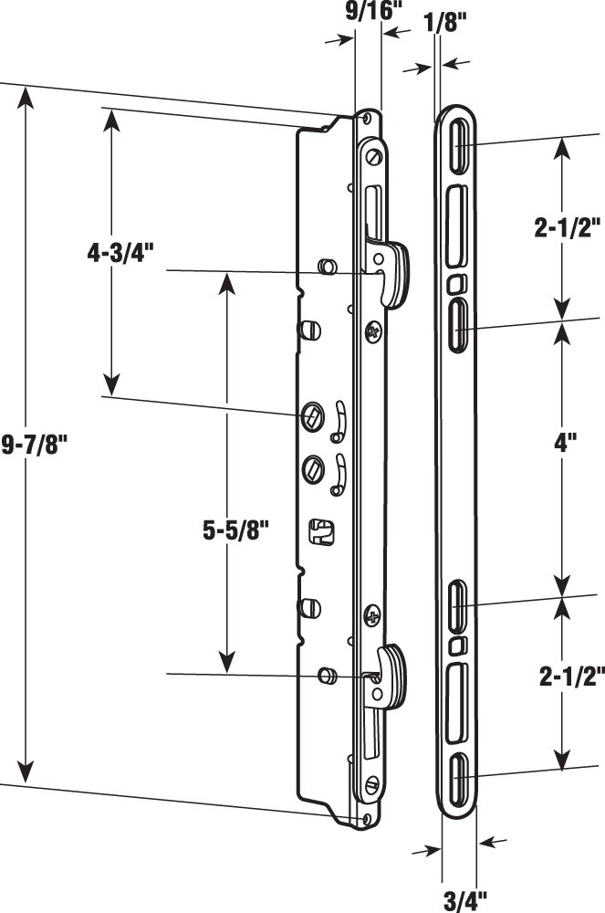 Prime-Line E 2473 9-7/8 In. Steel, Multi-Point Door Lock and Keeper with 45 Degree Keyway for Sliding Patio Doors (1 Set)