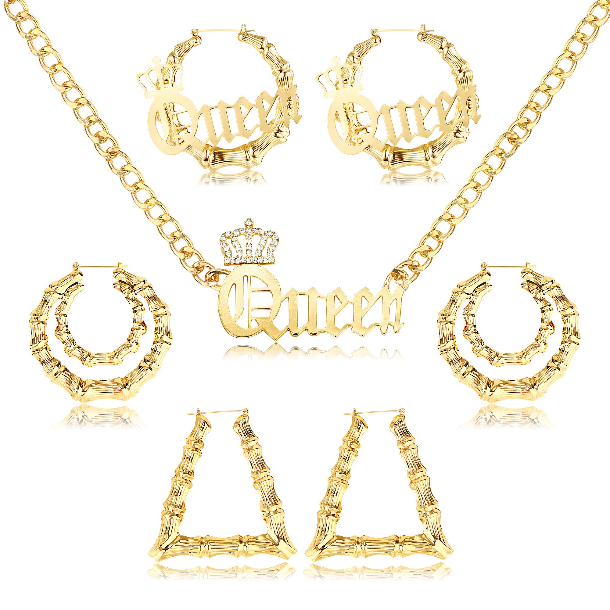 sailimue Chunky Curb Chain Necklace with Bamboo Hoop Earrings Set Gold Plated 80s/90s Punk Hip Hop Rapper Style Accessories Set for Women
