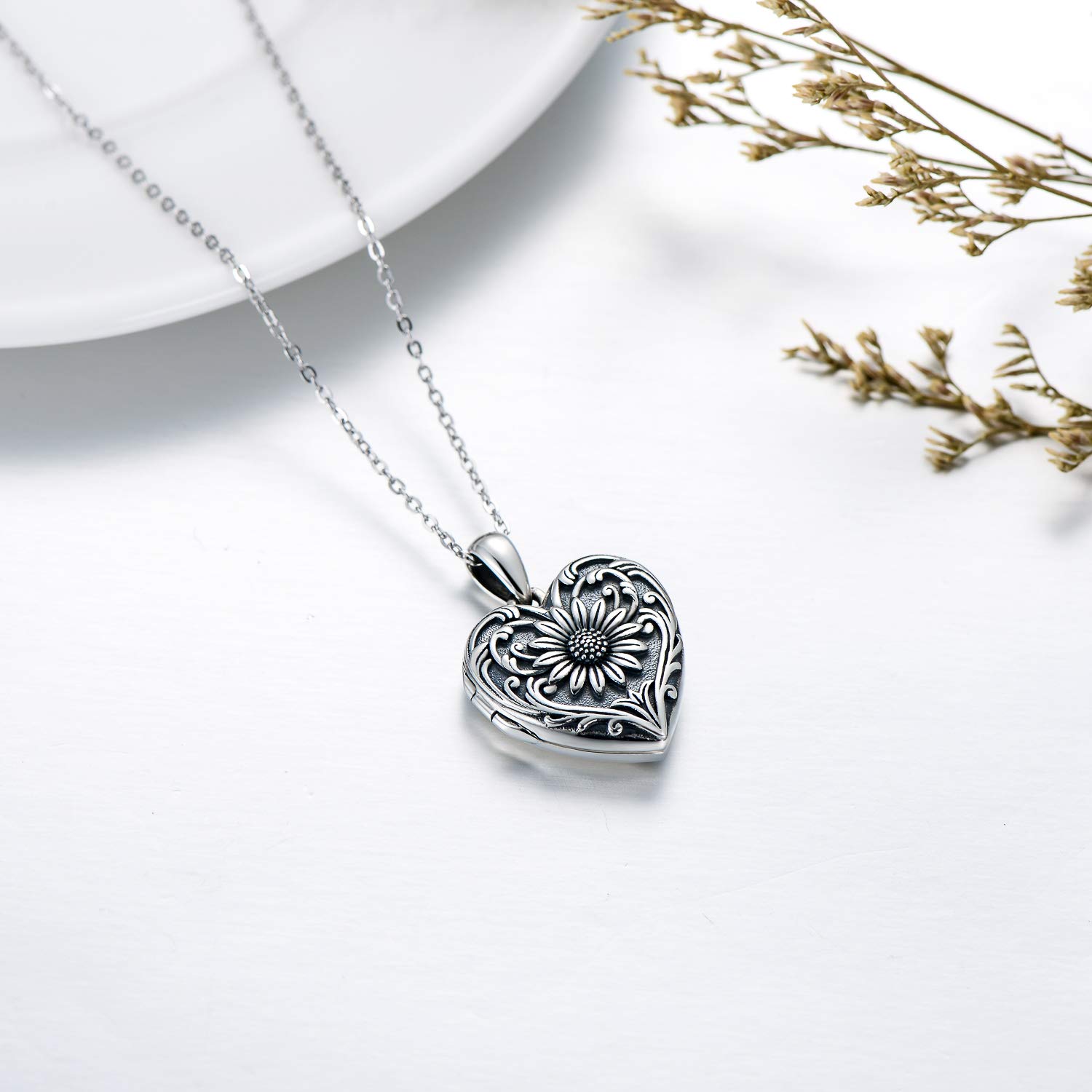 SOULMEET Personalized Sunflower Heart Locket Sterling Silver Necklace That Holds 2 Pictures Memory Photo Lockets Custom Any Photo (Custom photo & text)