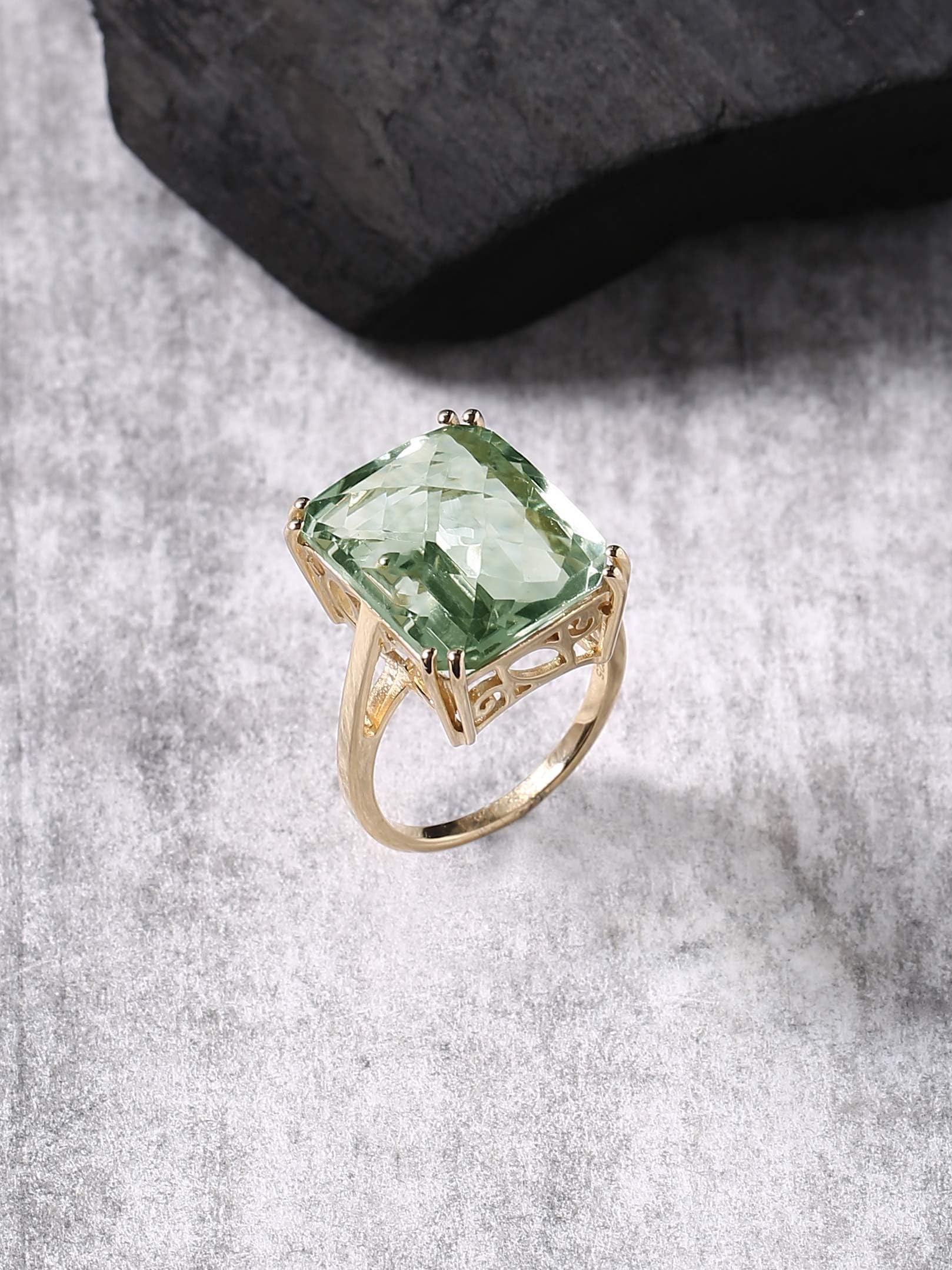 YoTreasure 14x18 MM 18kt Gold over Silver Green Amethyst Solitaire Bold Ring