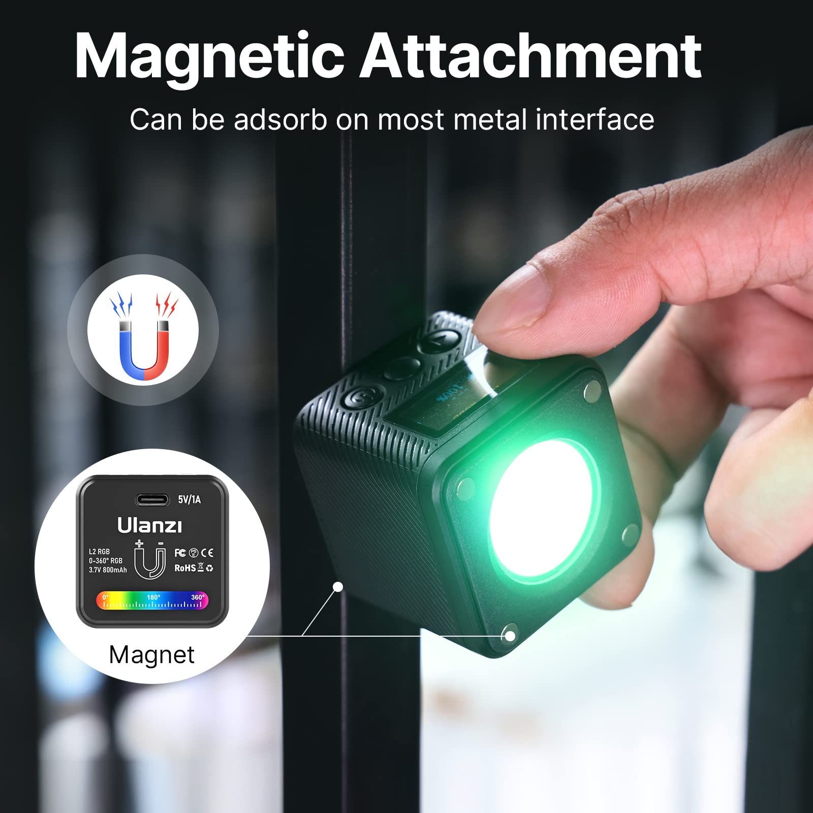 ULANZI L2 RGB COB Video Light Mini Cube Lights, LED Camera Light 360° Full Color Portable Photography Video Lighting, 800mAh Rechargeable & Magnetic Designs and 11 Dynamic Light Effects