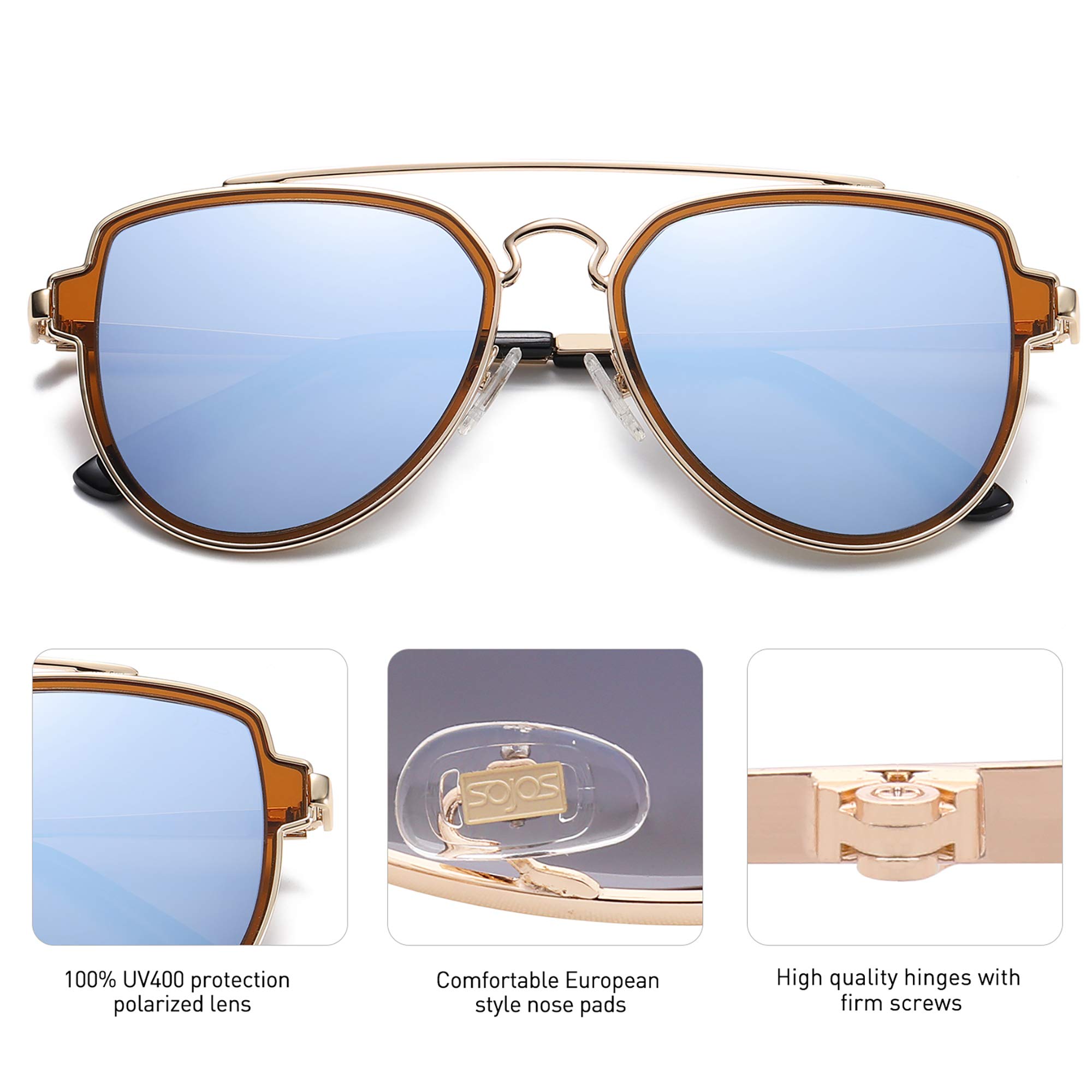 SOJOS Retro Polarized Double Bridge Sunglasses for Men Women Mirrored Lens SJ1051 with Gold Frame/Dusty Blue Mirrored Lens